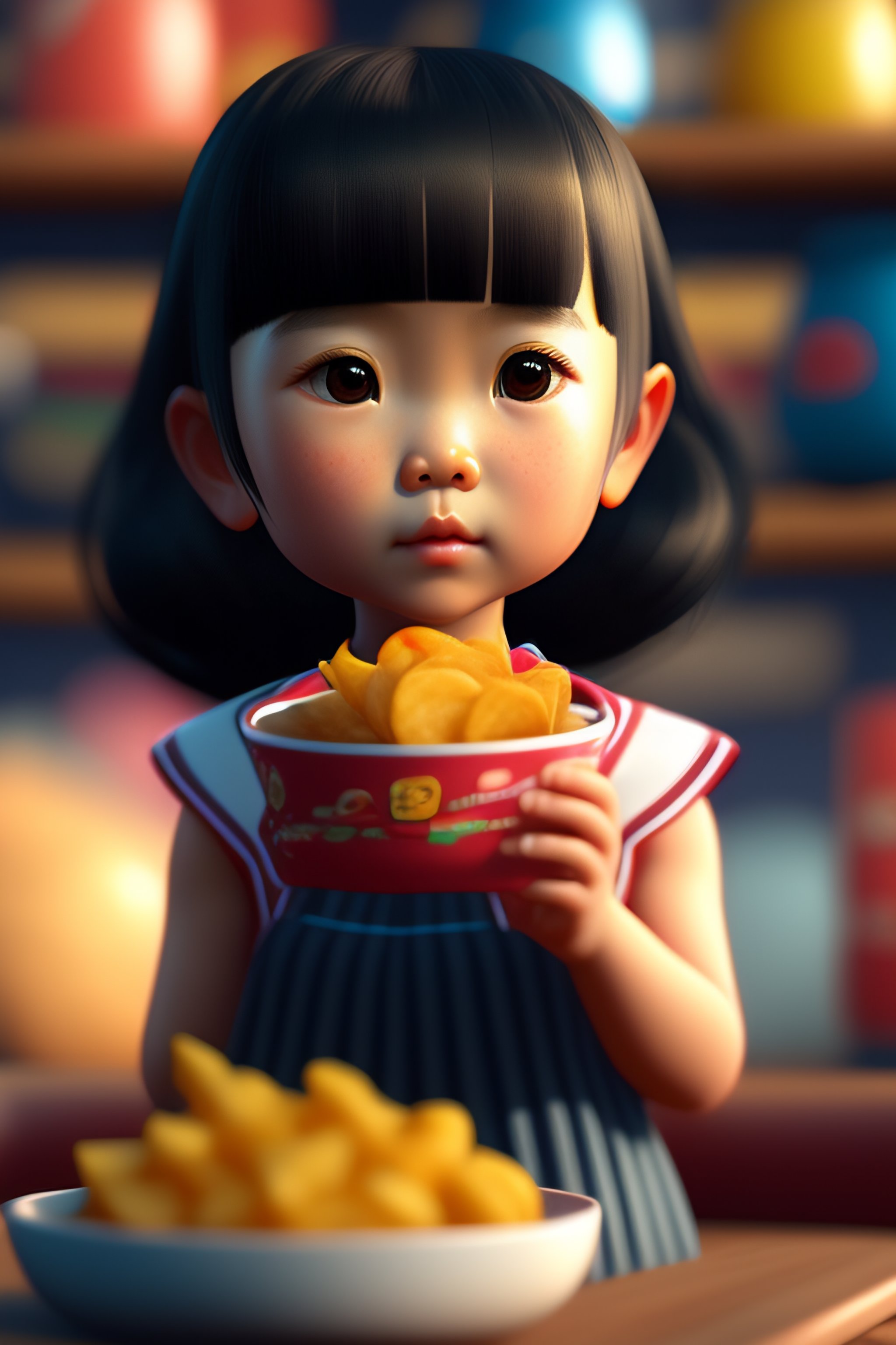 Lexica - Little Asian Girl with black hair eating potato chips, Toys 3D ...