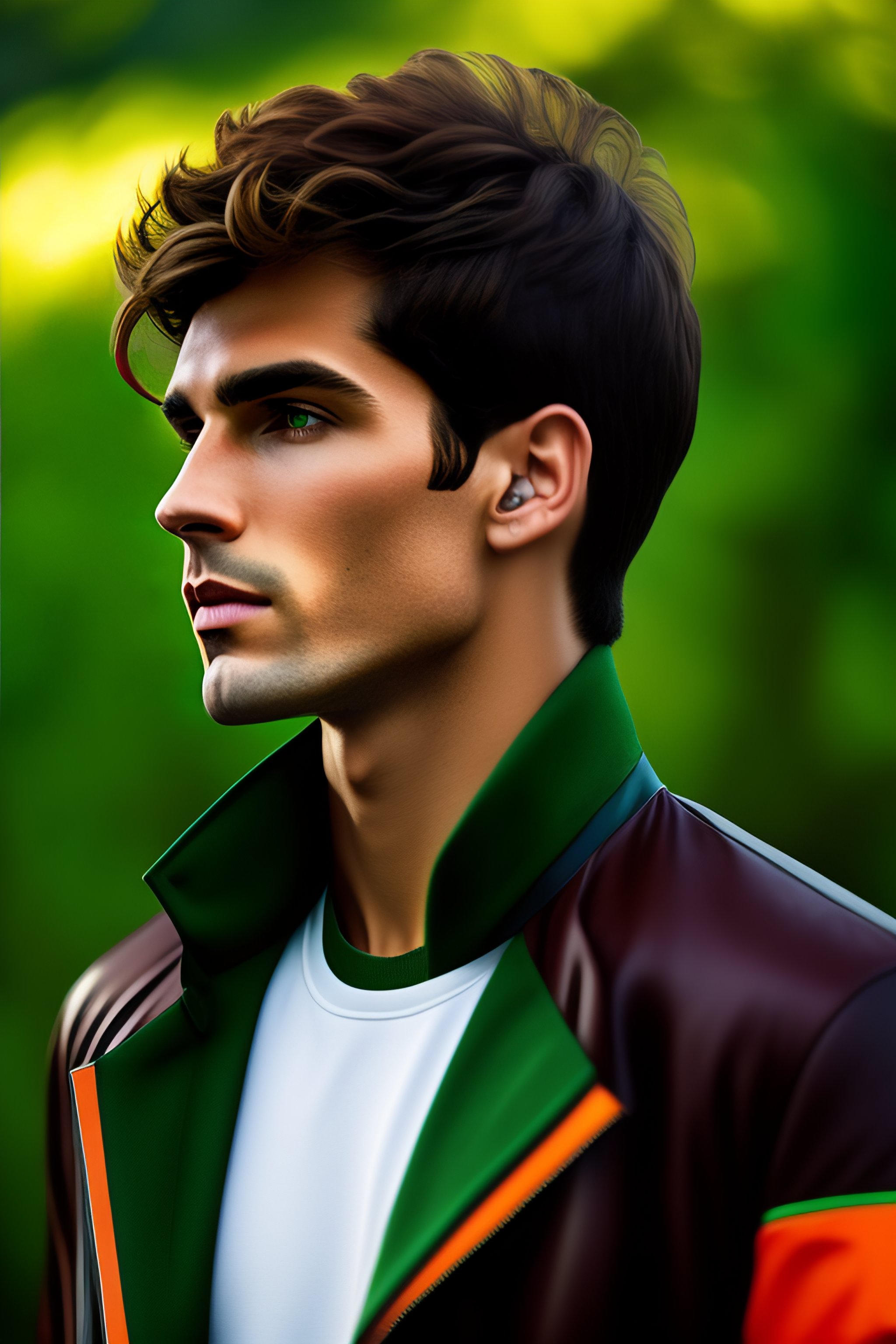 Lexica - An adrenaline-faced short brown haired boy wearing a green ...