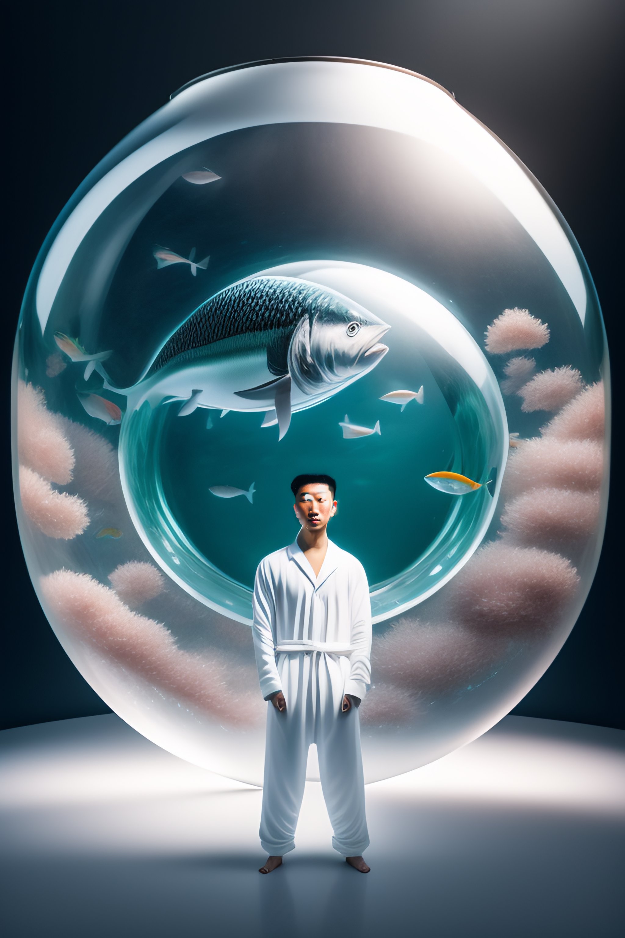 Lexica - A full-body portrait of a zihan ding in white pijamas floating ...