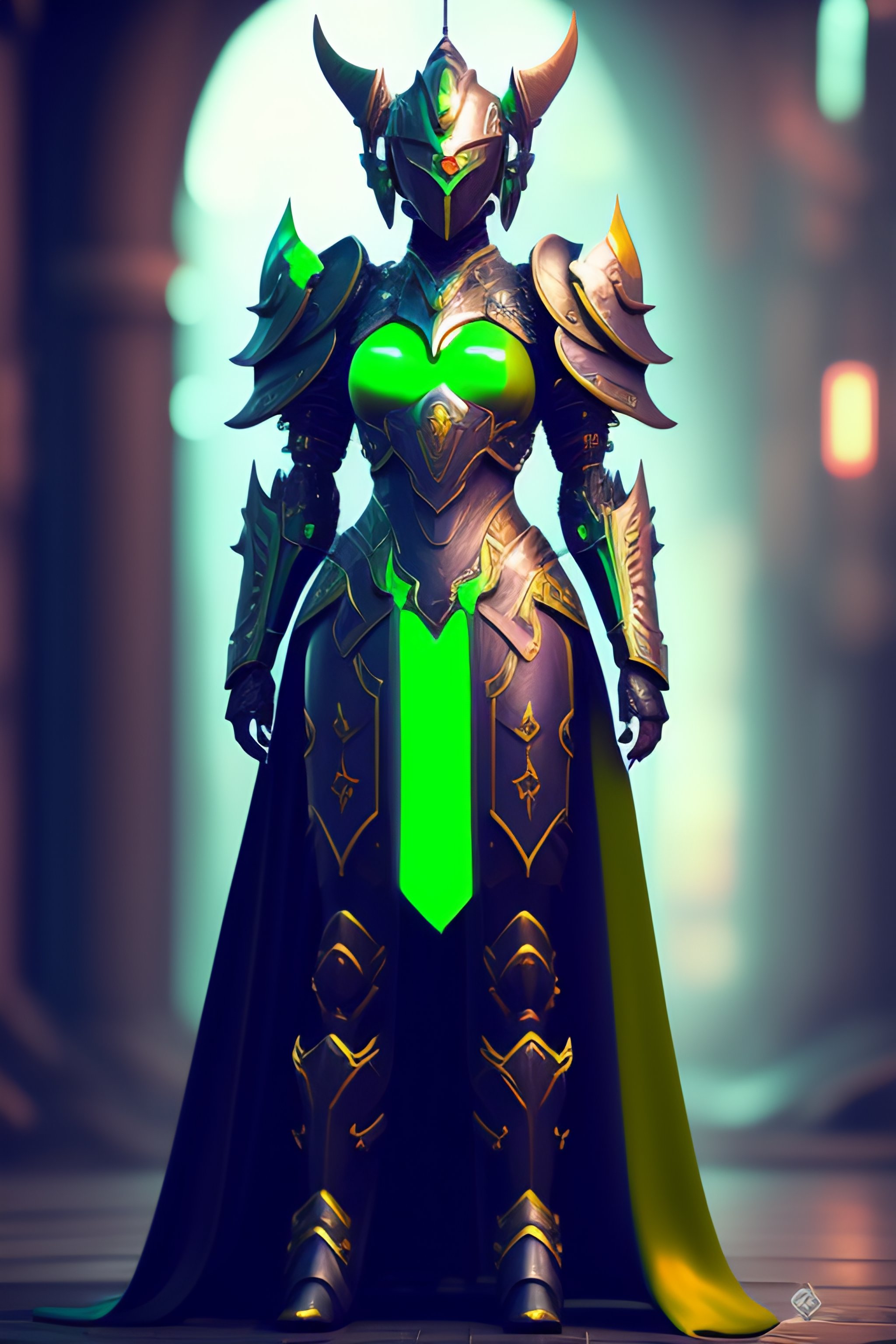 Lexica - Ancient androgyn metal robot warrior, with a green long dress ...