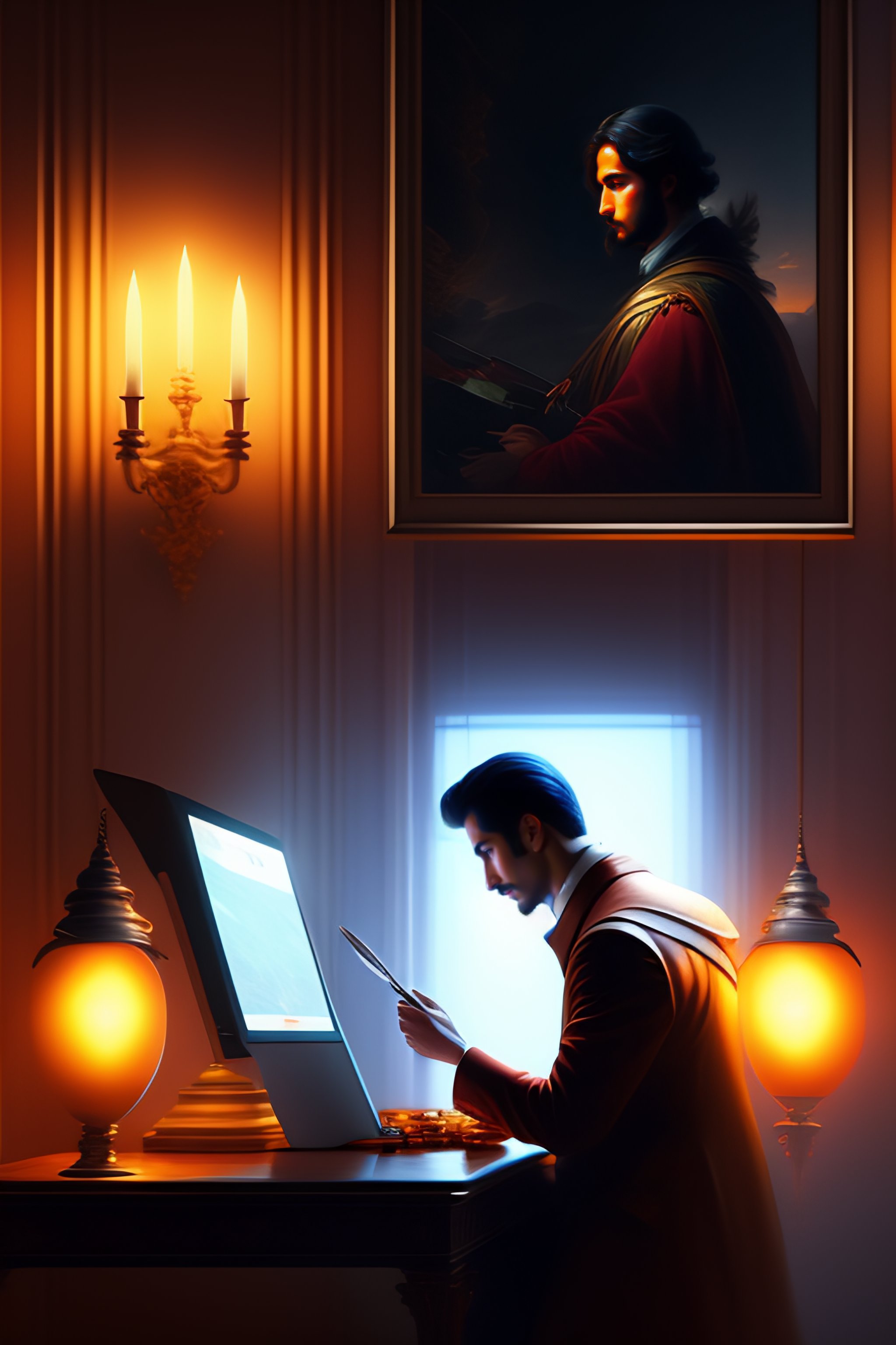 Lexica - Beautiful man typing email with a painting on the wall by ivan ...