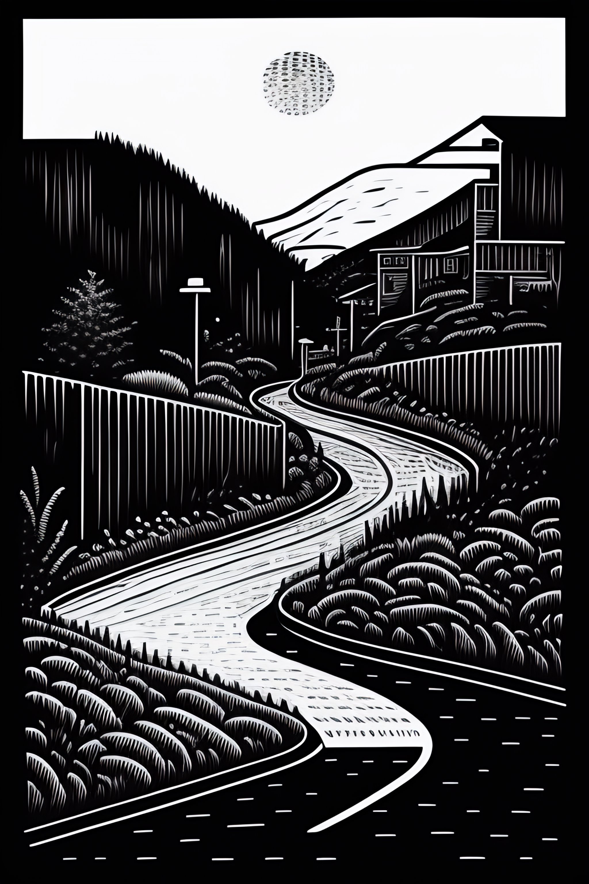 Lexica - Engraving liminal space black and white linocut landscape ...