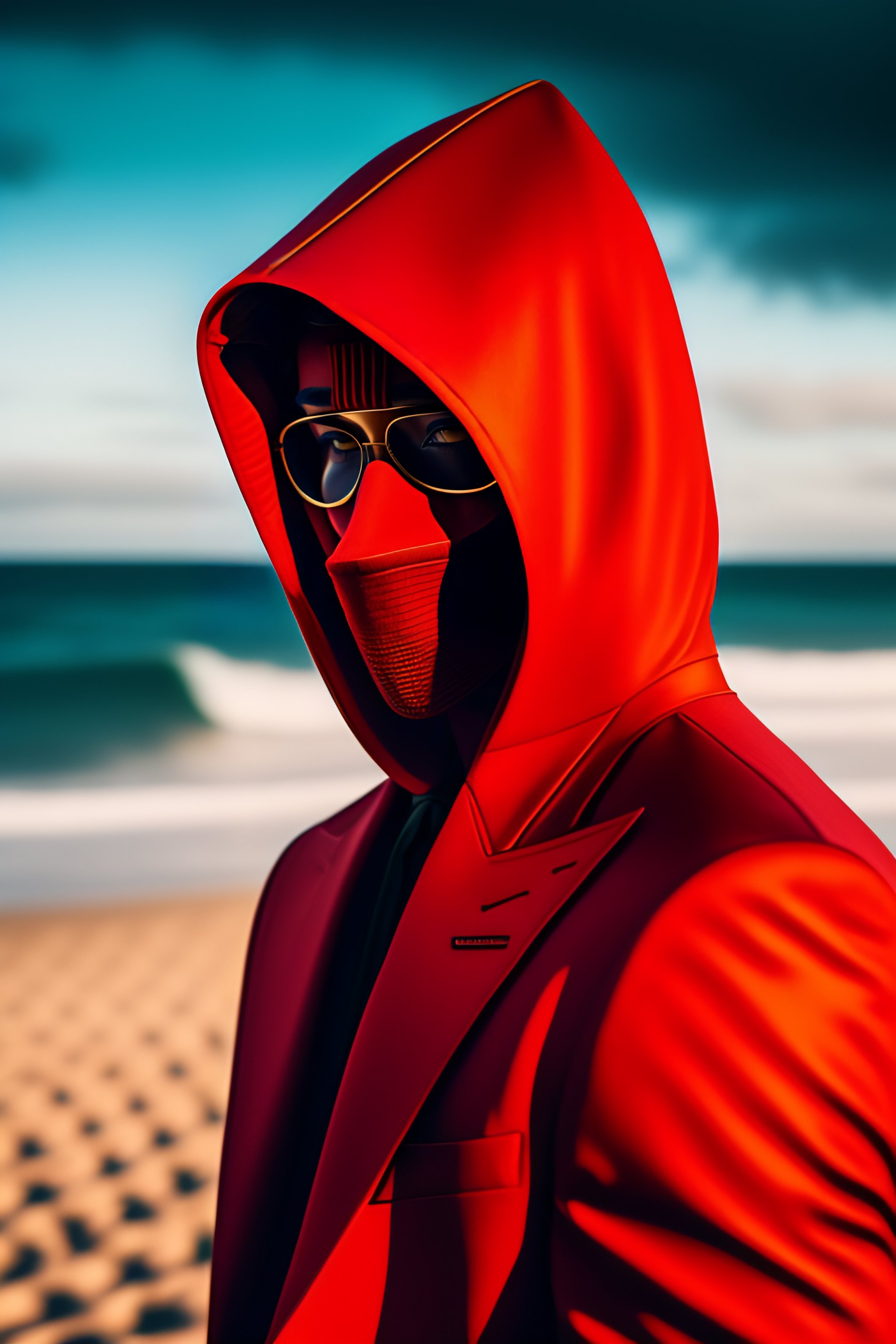 Lexica - Masked figures in red angular suitwear, on rainy British beach ...