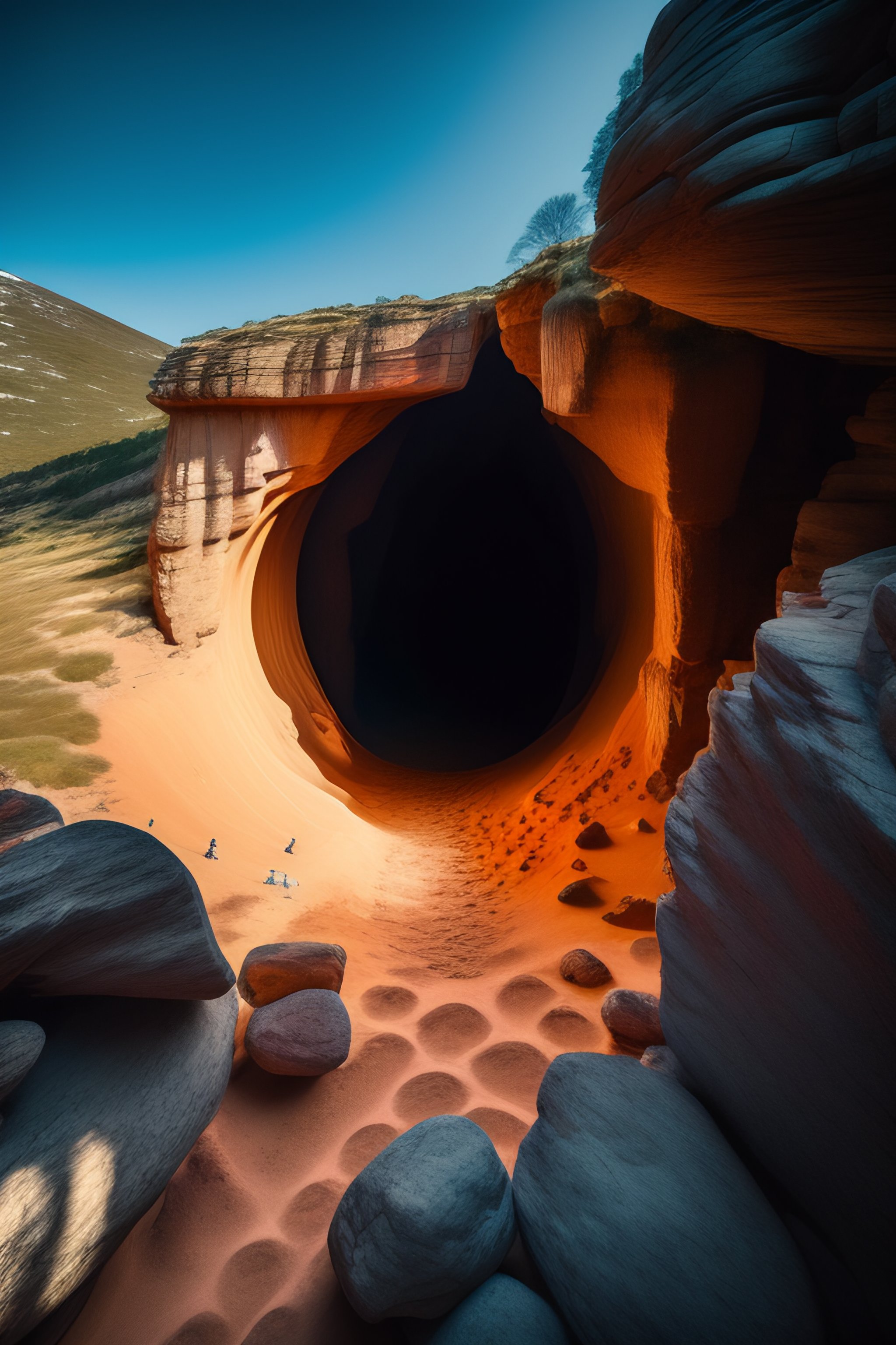 Lexica - A bottomless hole in a cave with lots of runes on the rocks around it