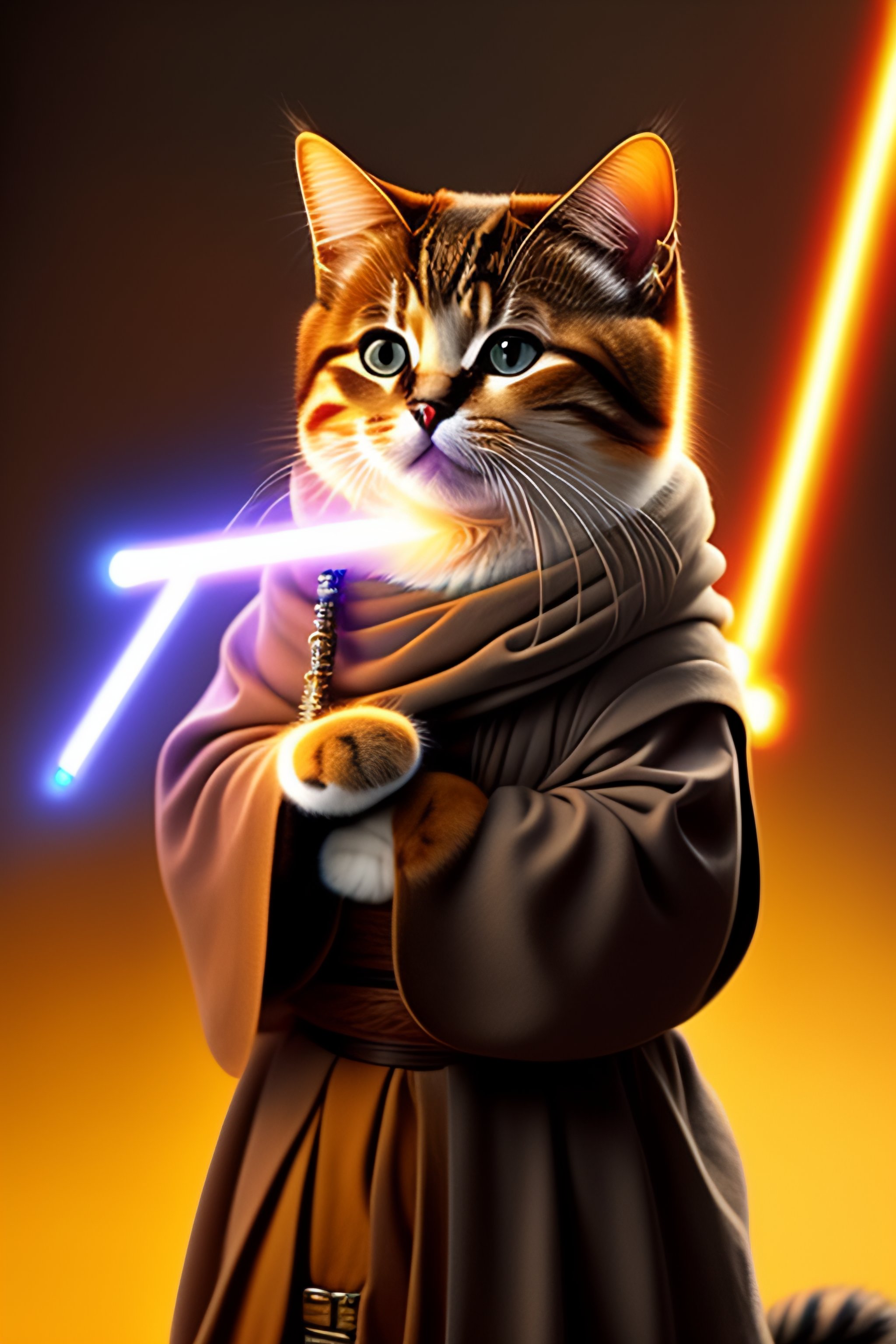 Lexica - Cute cat dressed as jedi, on Tatooine, episode 4, with lightsaver.