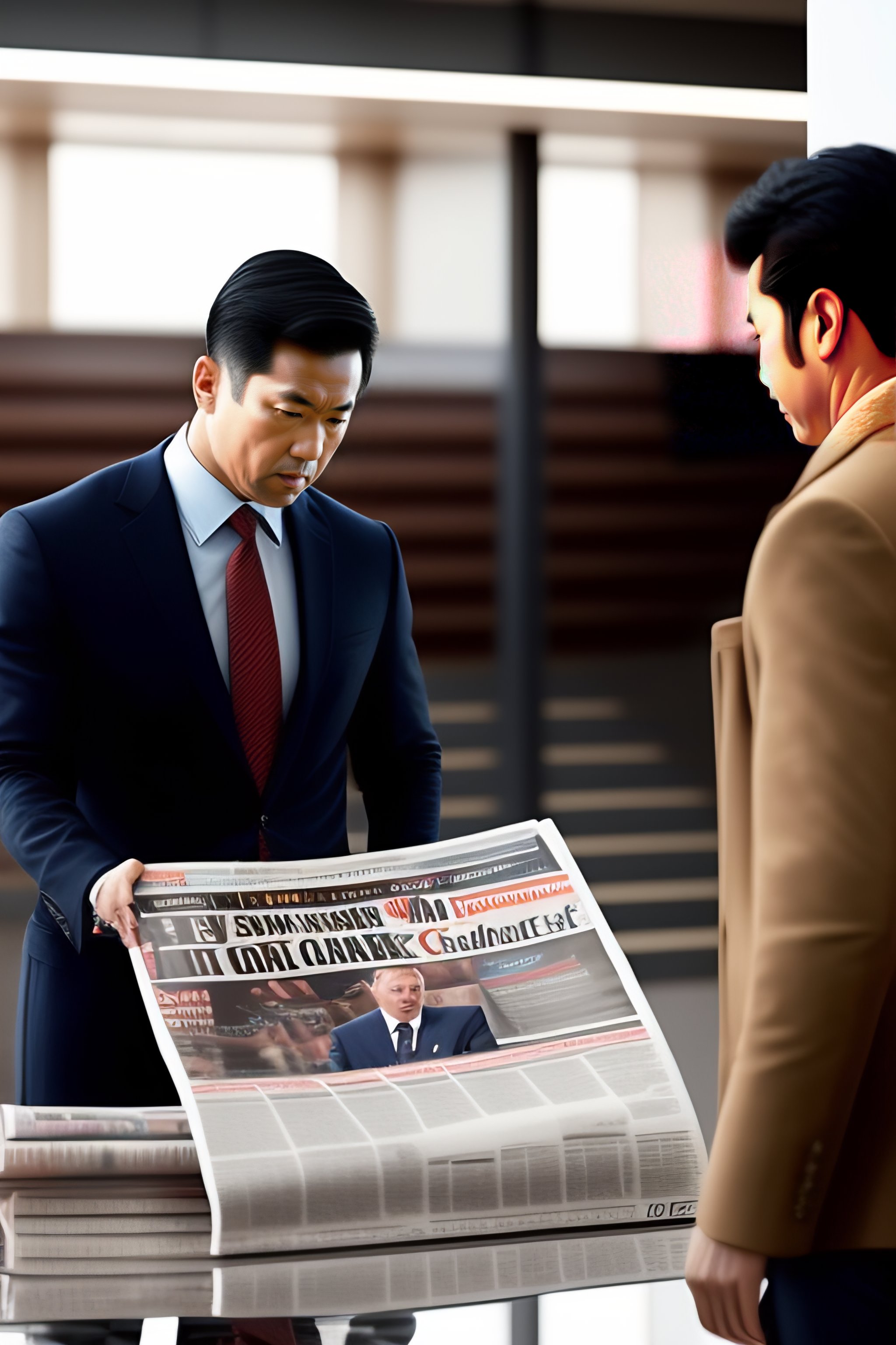 Lexica - Wide shot of two people arguing over a newspaper