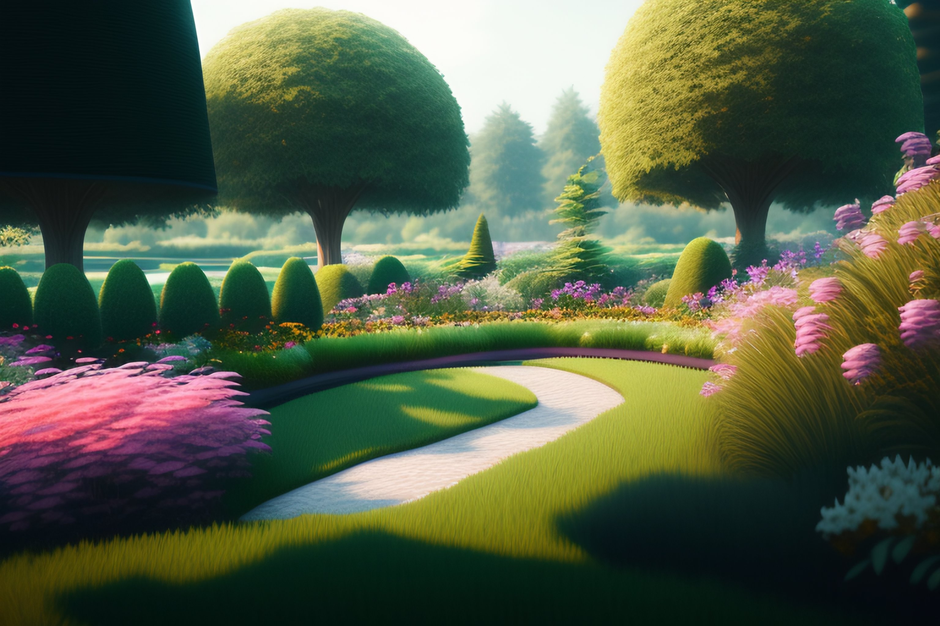 Lexica - Professional photograph landscape garden with flowers, unreal ...