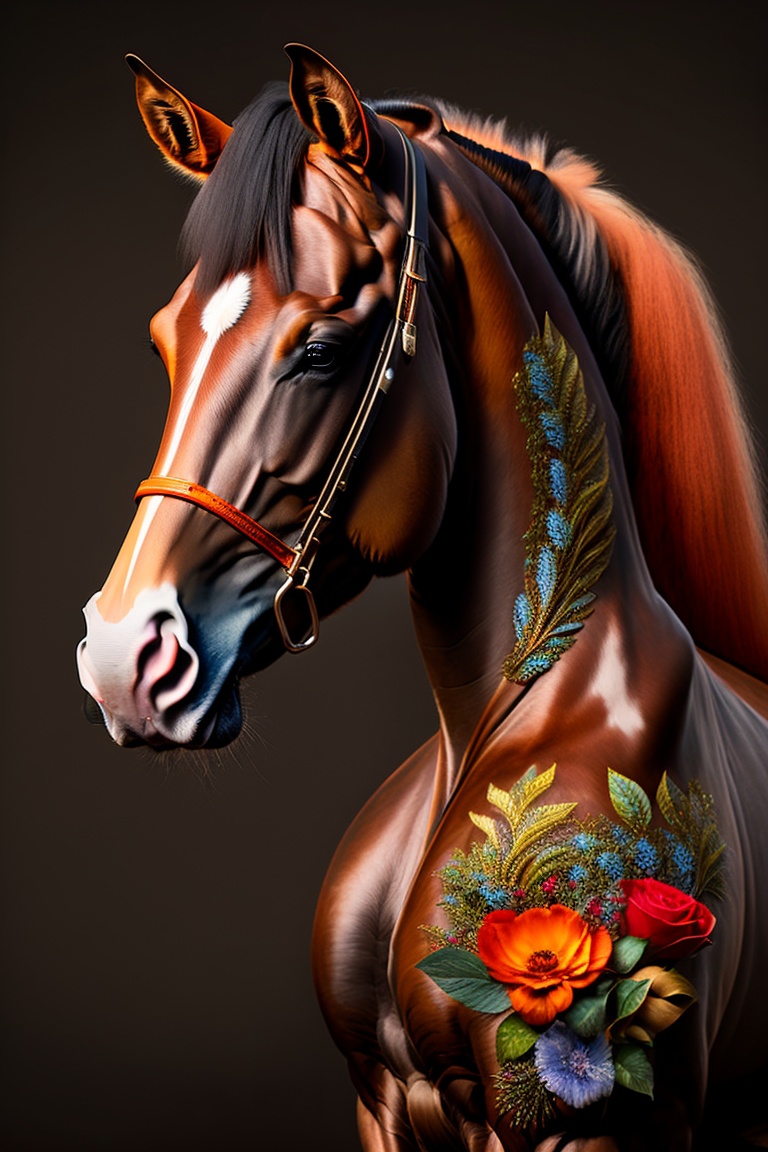 Lexica - Brown Hourse with tattoed colorful floral designs on his chest ...