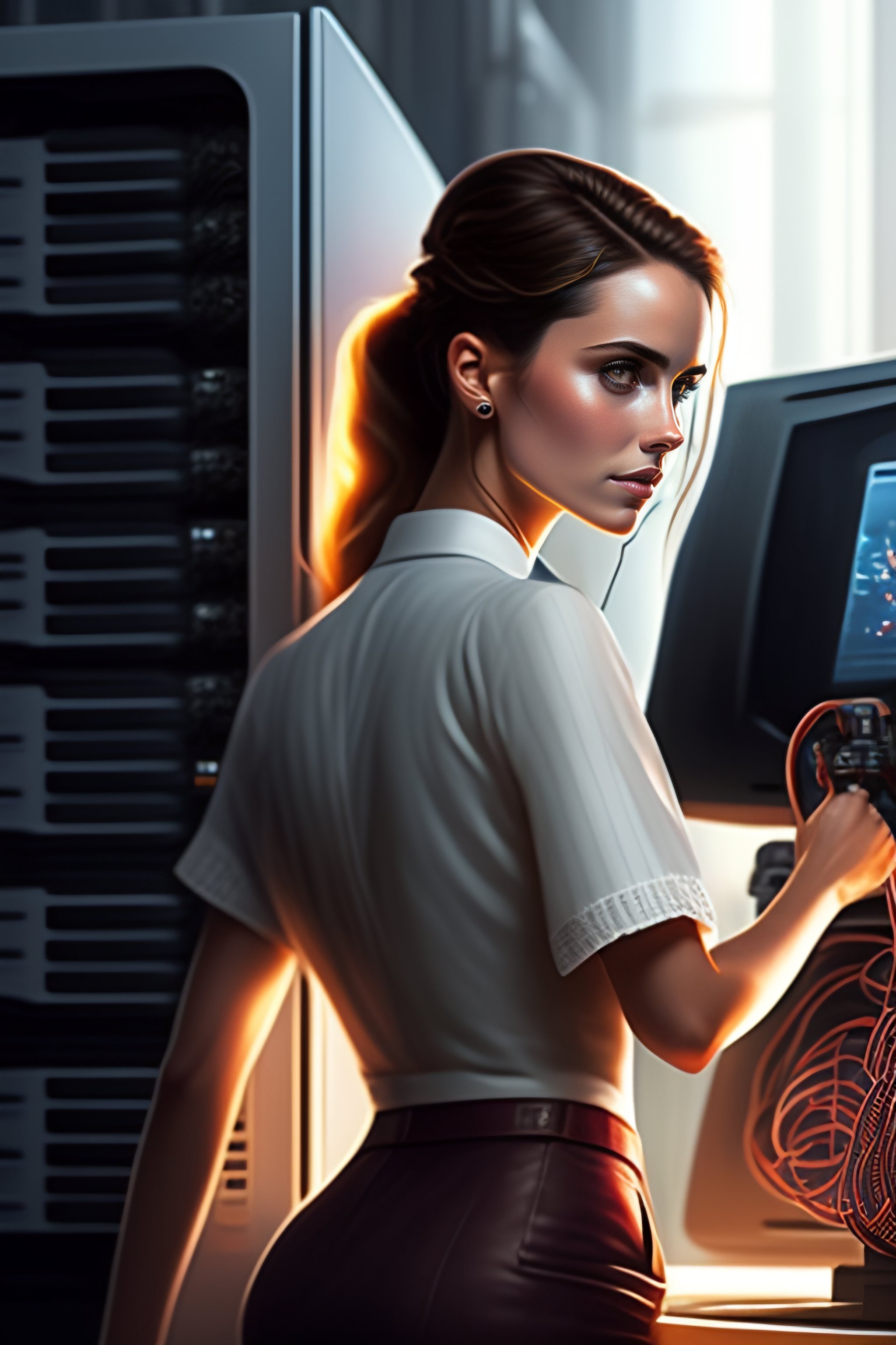 Lexica - Illustration an it guy who is plugging a girl through cables ...