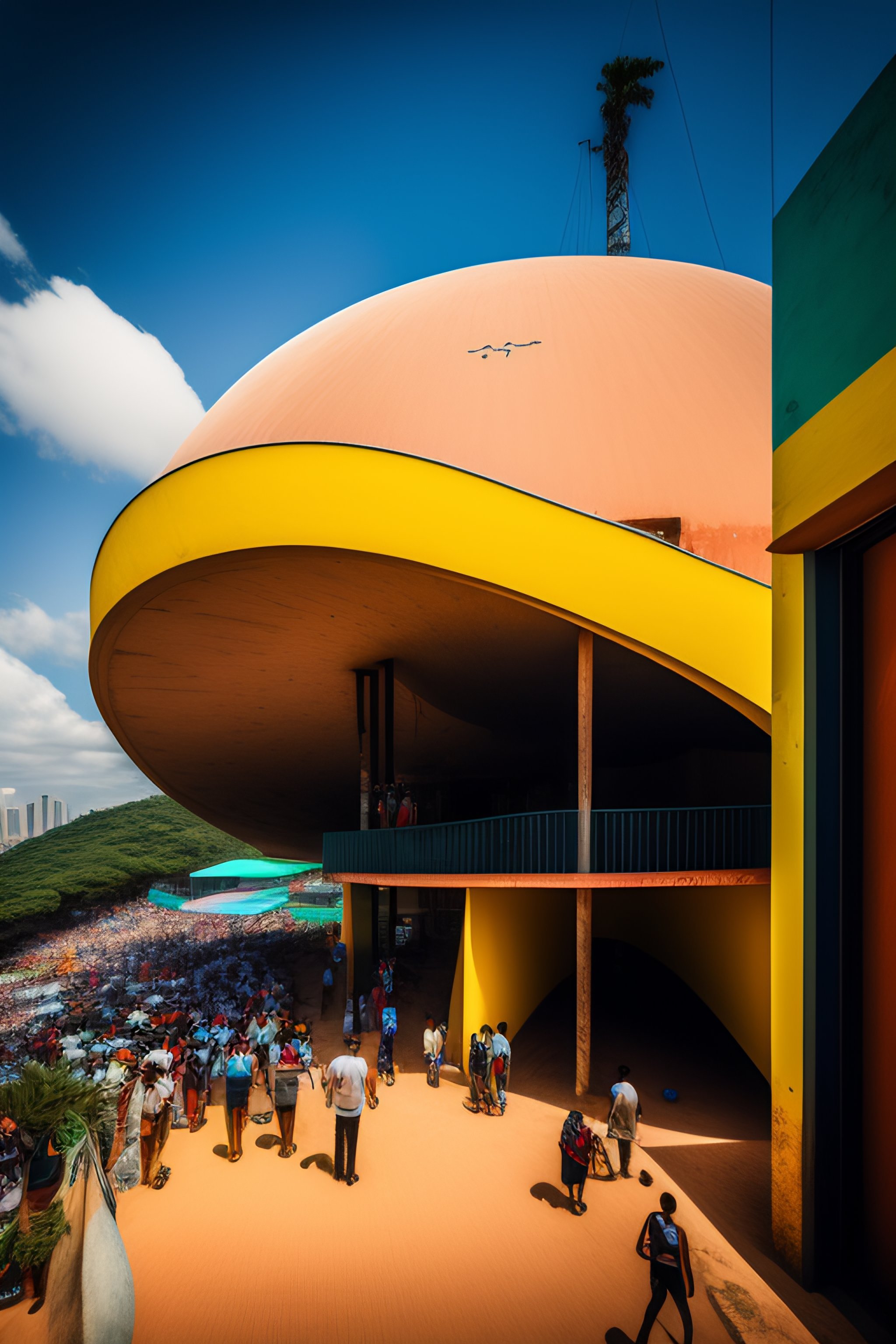 Lexica - Photography, 30mm, crowd, Oscar Niemeyer Building, favela