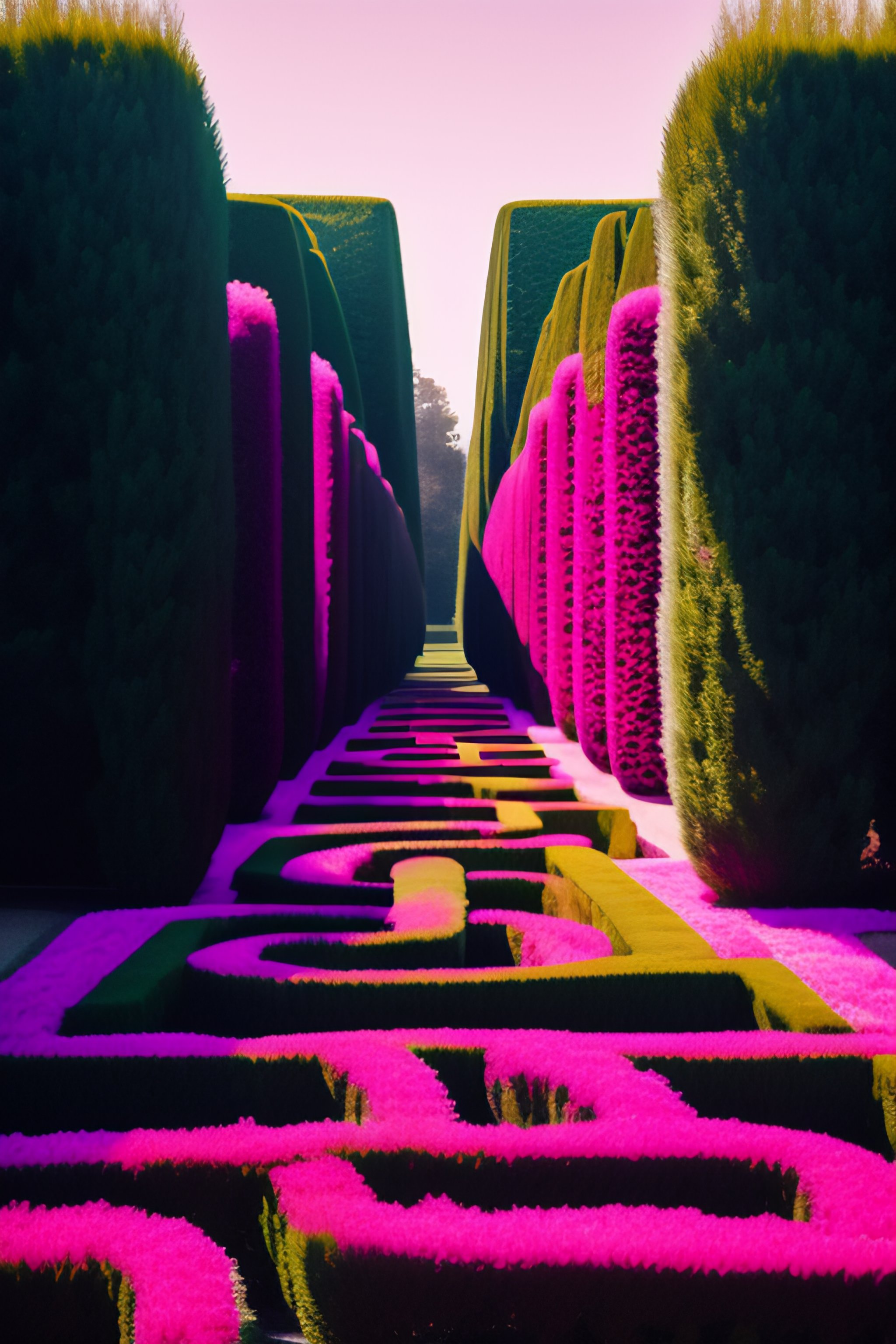 Lexica - Tall hedge maze, pink mist, minimal, vintage, scary