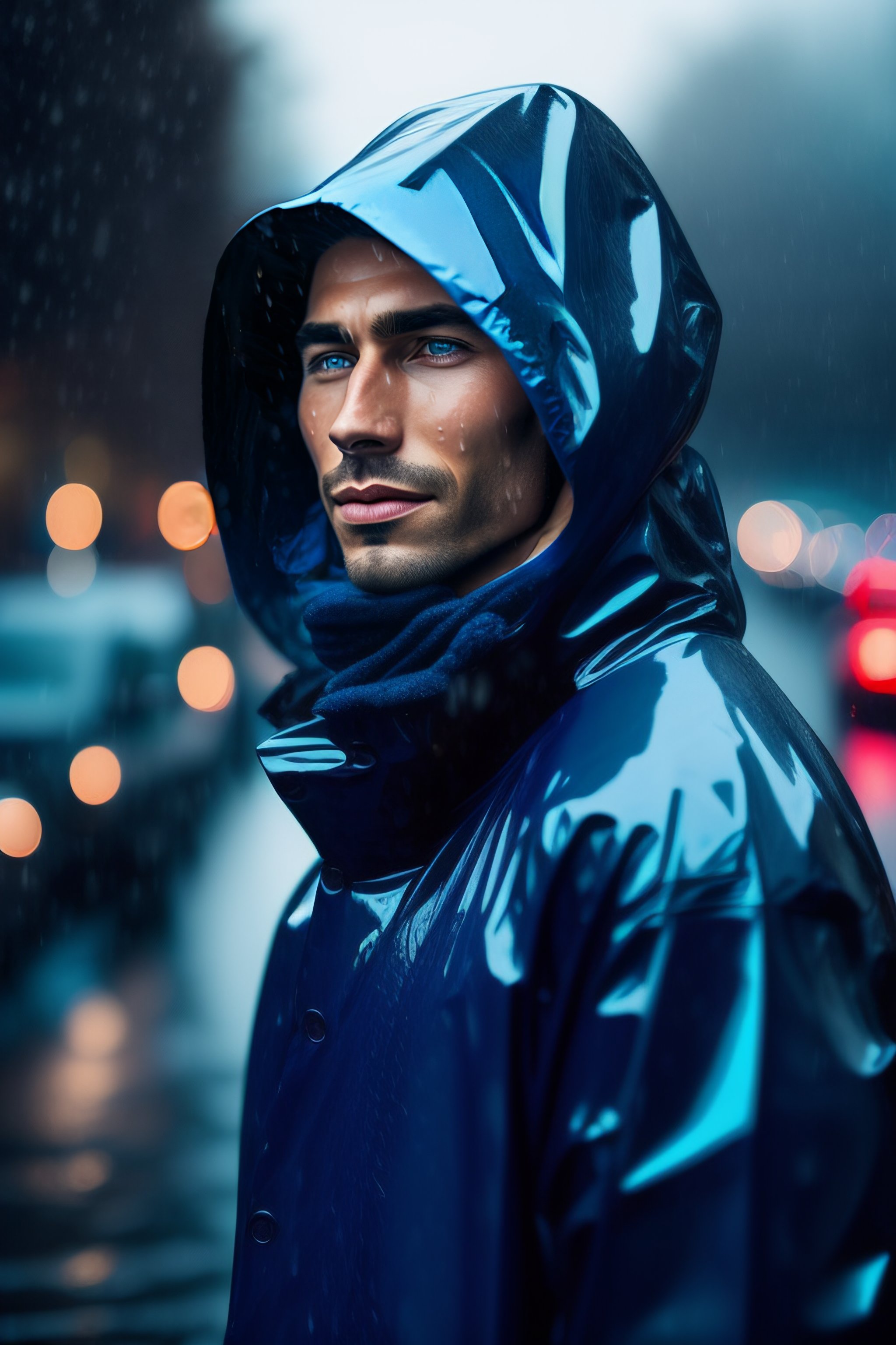 Lexica - Portrait of a man in a raincoat at night and in rainy weather ...