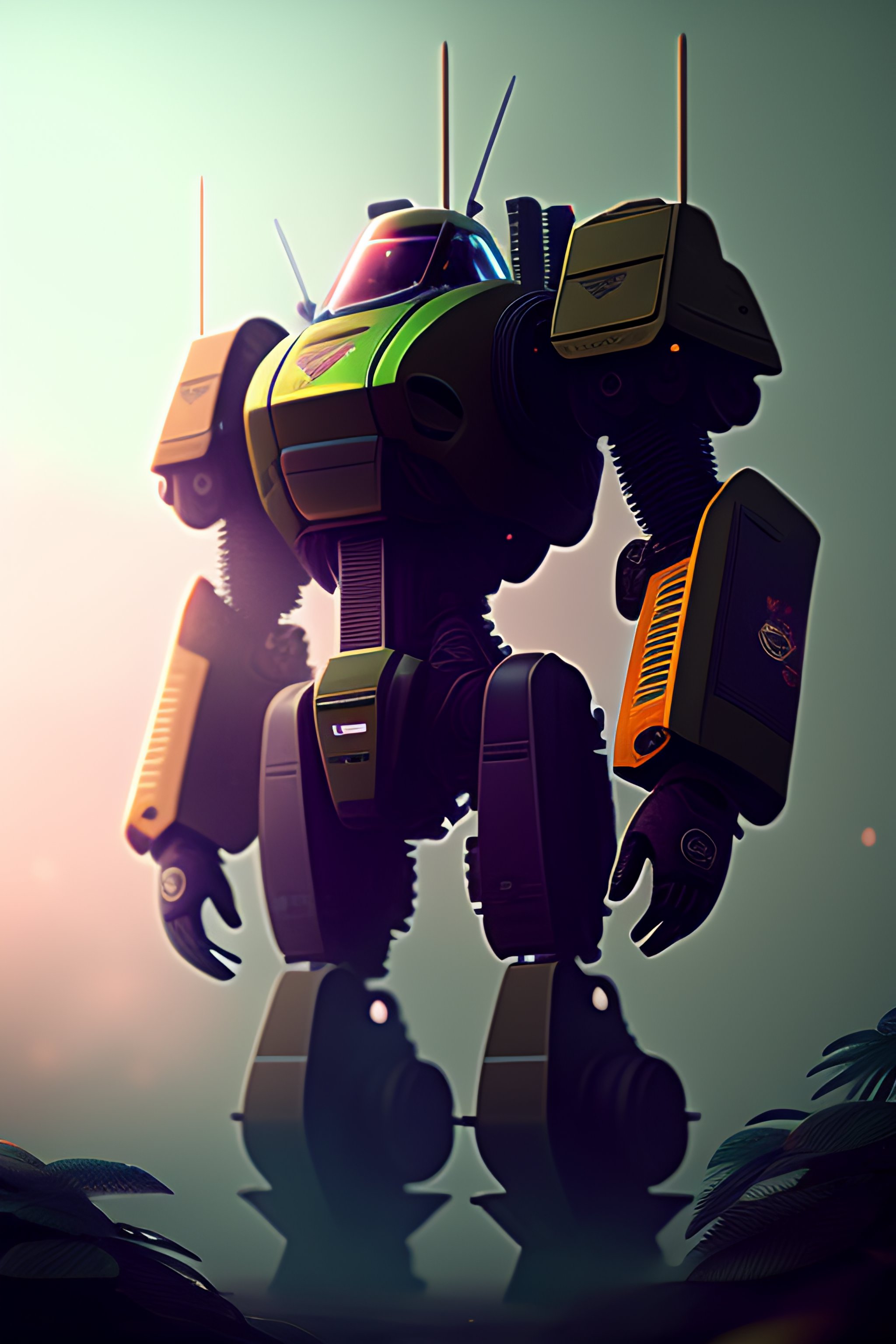 Lexica - (military mech silhouette:1.3) emerging from jungle fog, mist ...