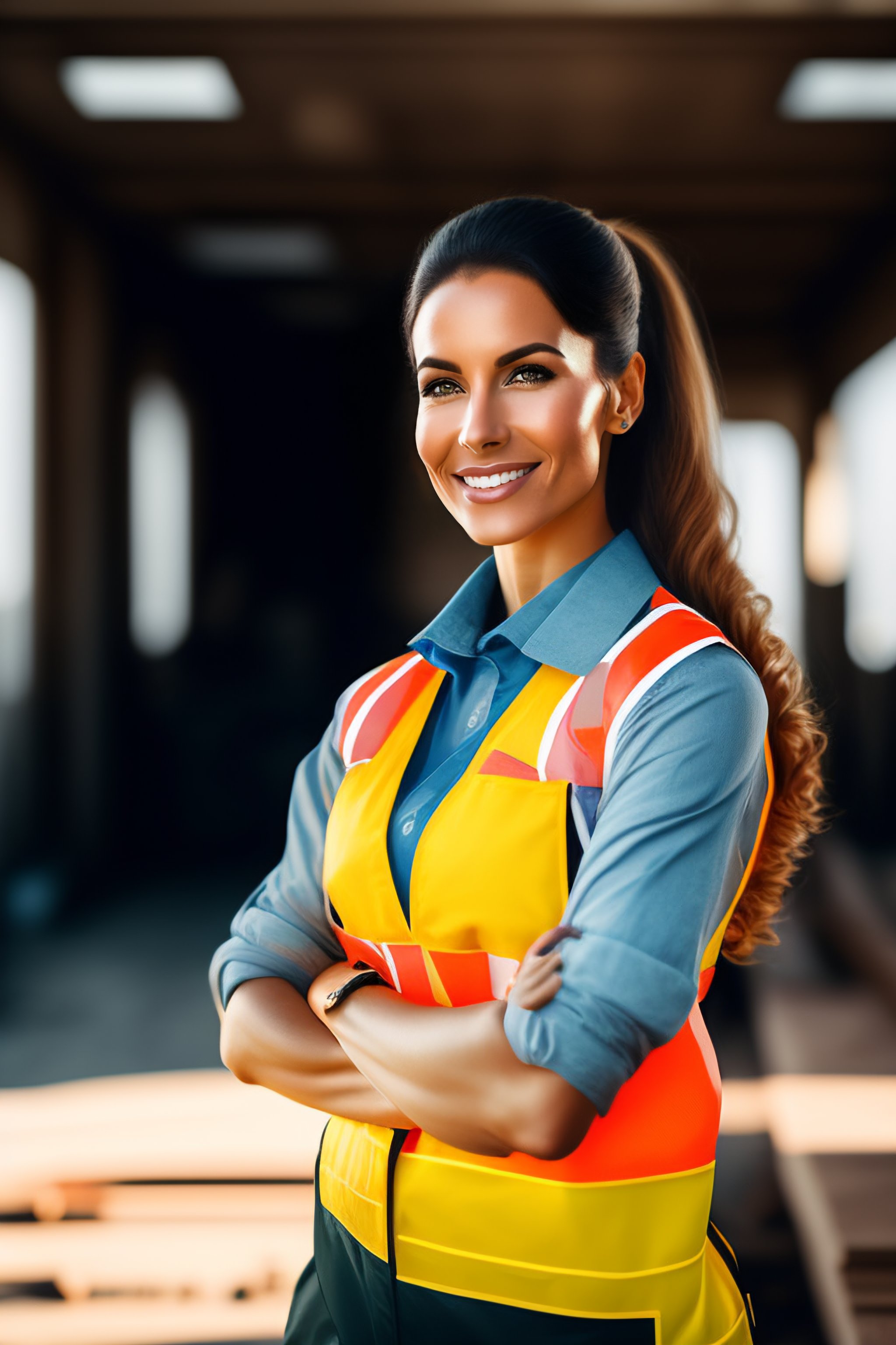 Lexica - A female arms crossed smiling in a construction worker costume