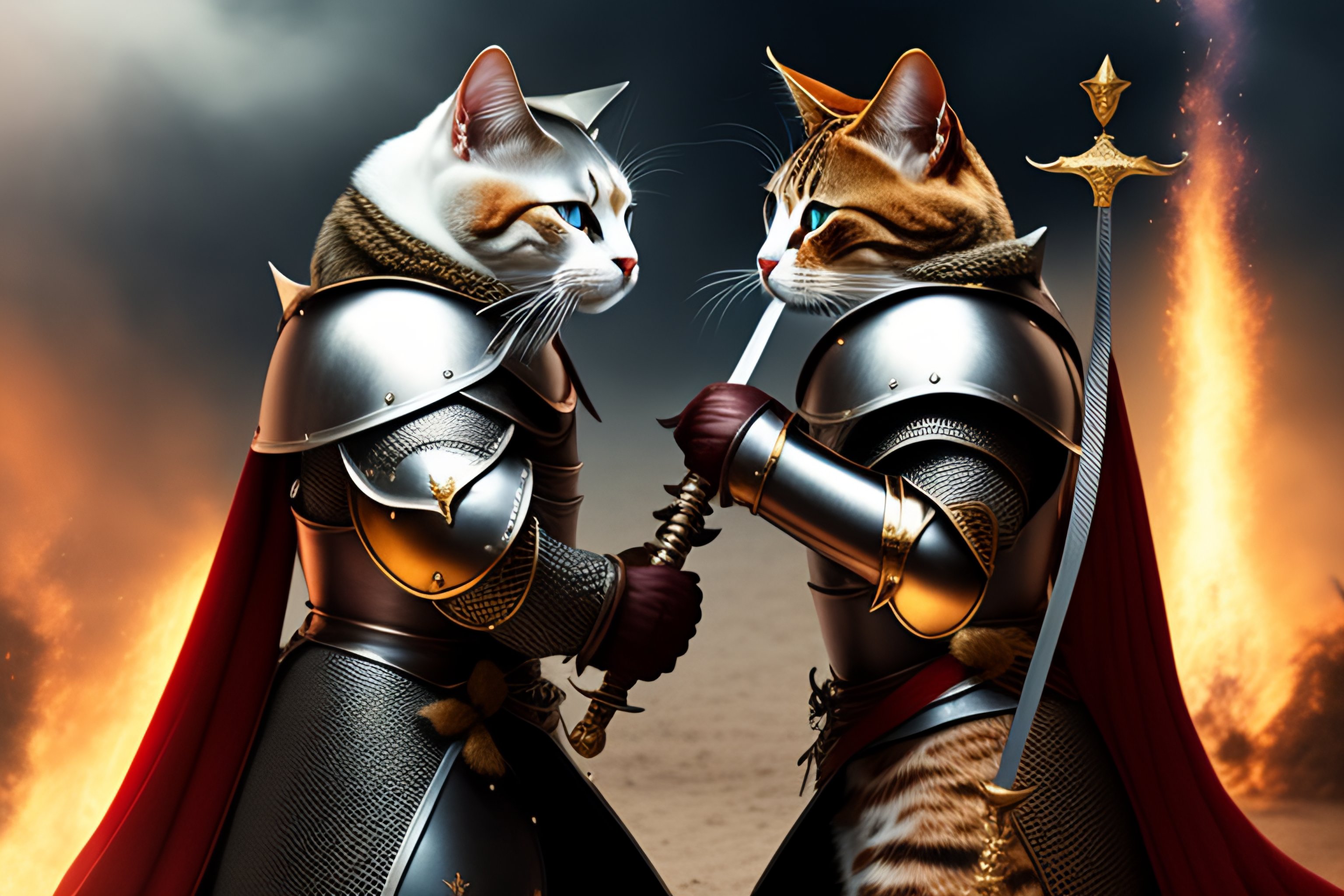Lexica - Two knight british cats in armor fighting on swords