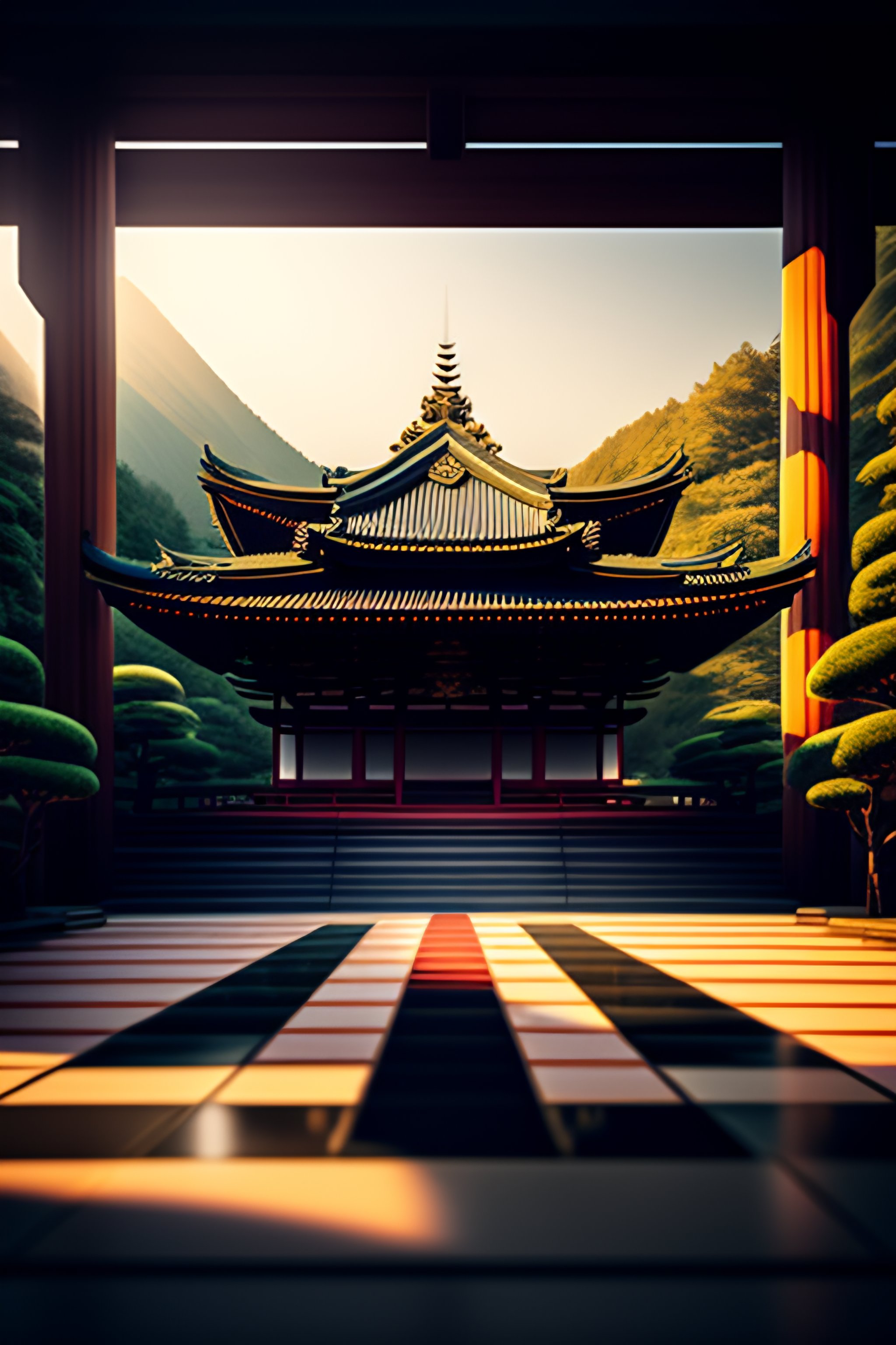 Lexica - Japanese temple background with an arena with a matt like ...