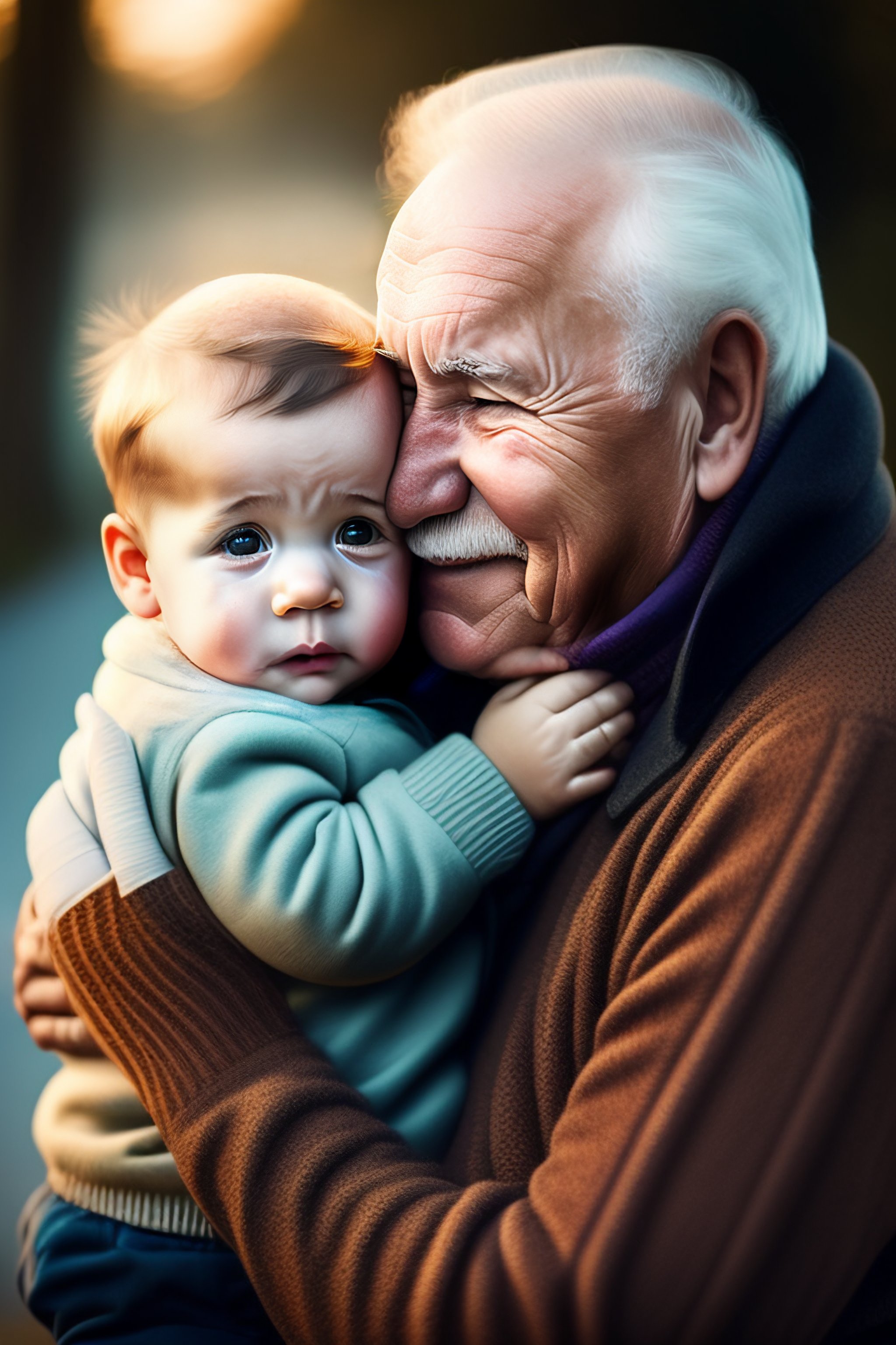 Lexica - Sad crying old man and a baby hand on hand smiling to each other