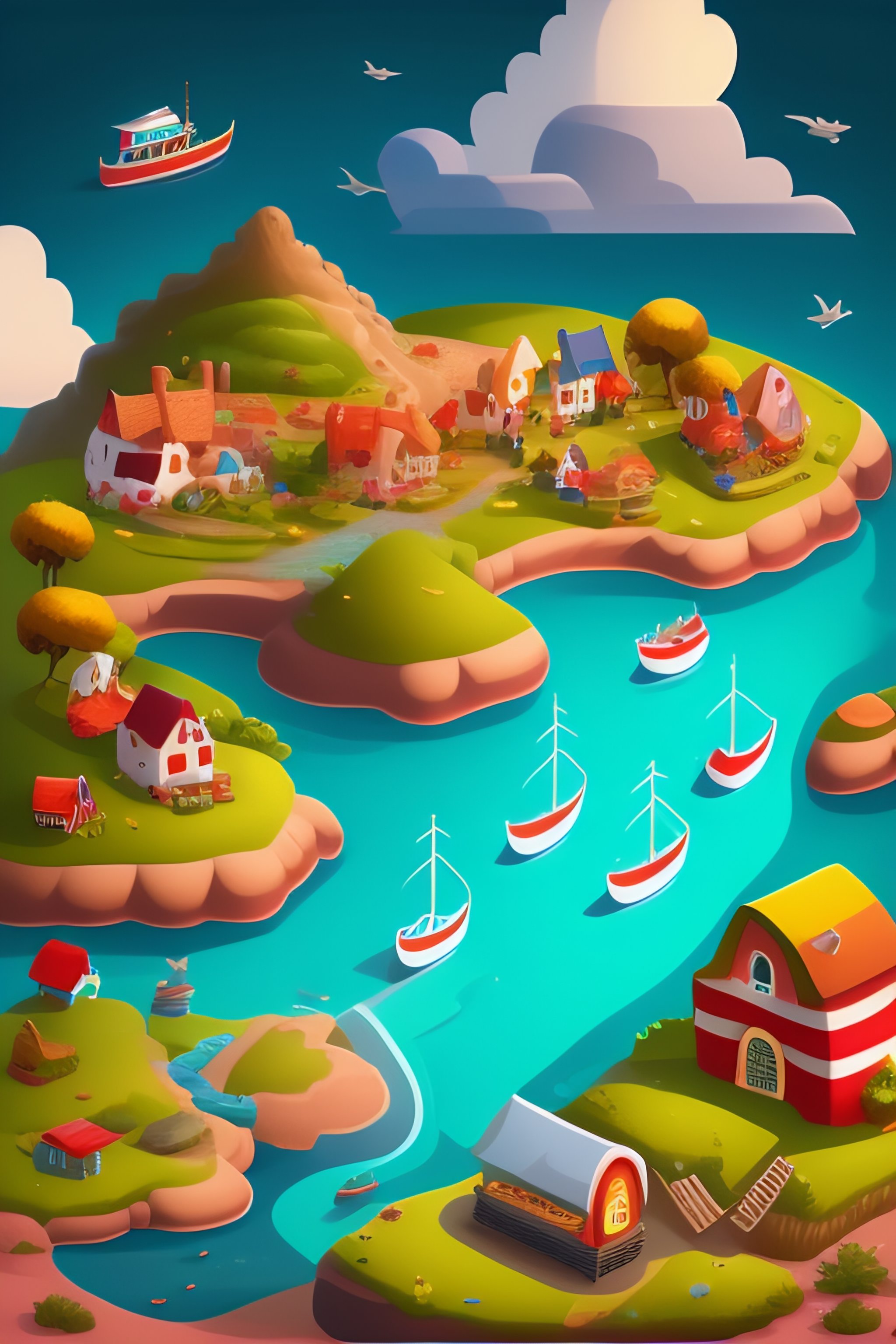 Lexica - Flat vertical view of a complete seaside village with various ...