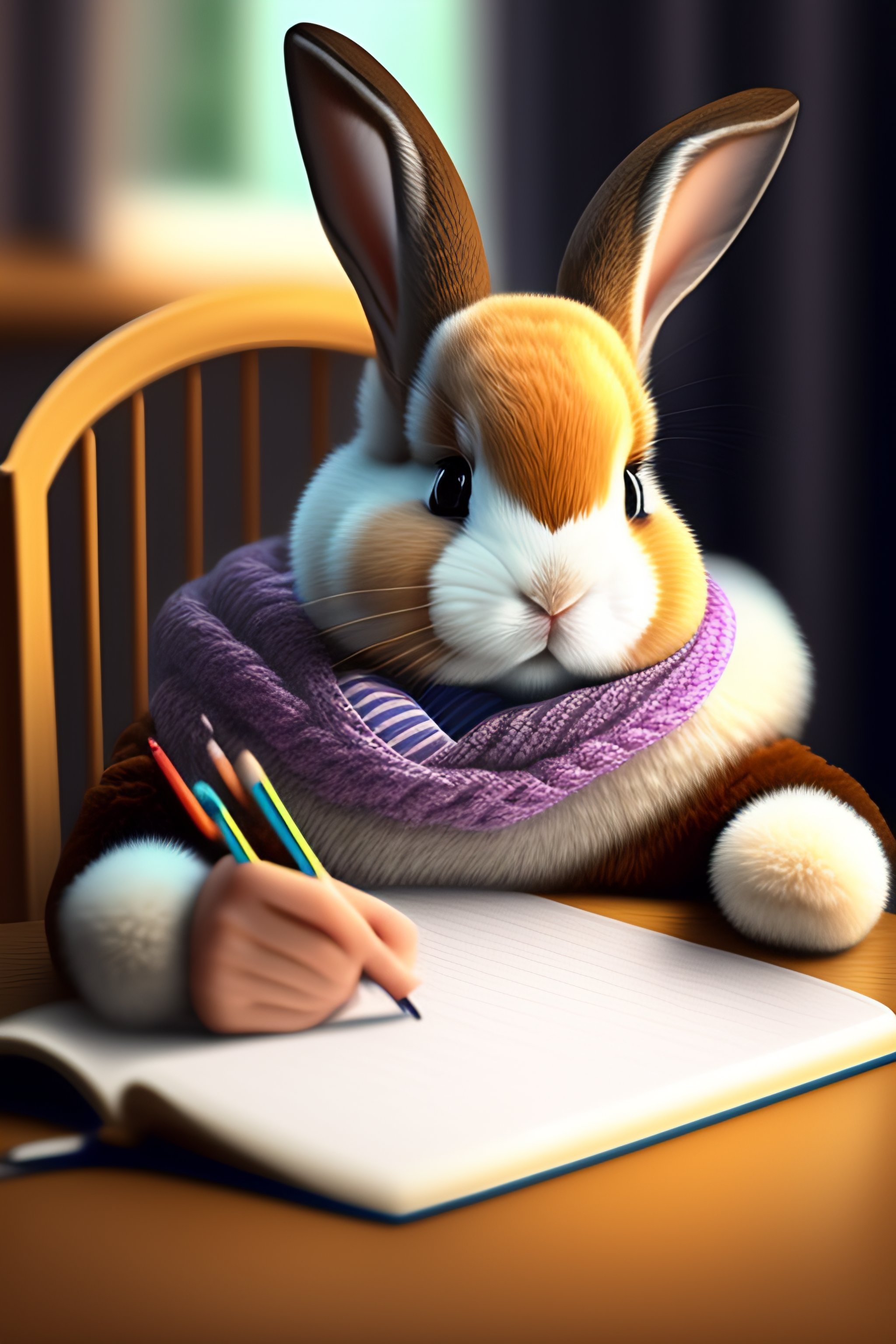 Lexica - A cute fluffy bunny grumpily doing her homework