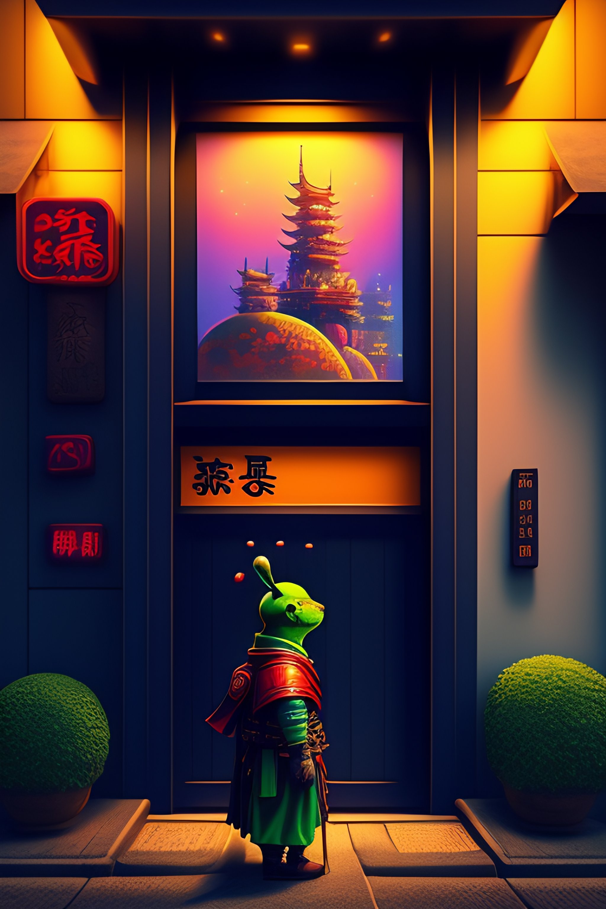 Lexica - Samurai pepe in a cyberpunk alley