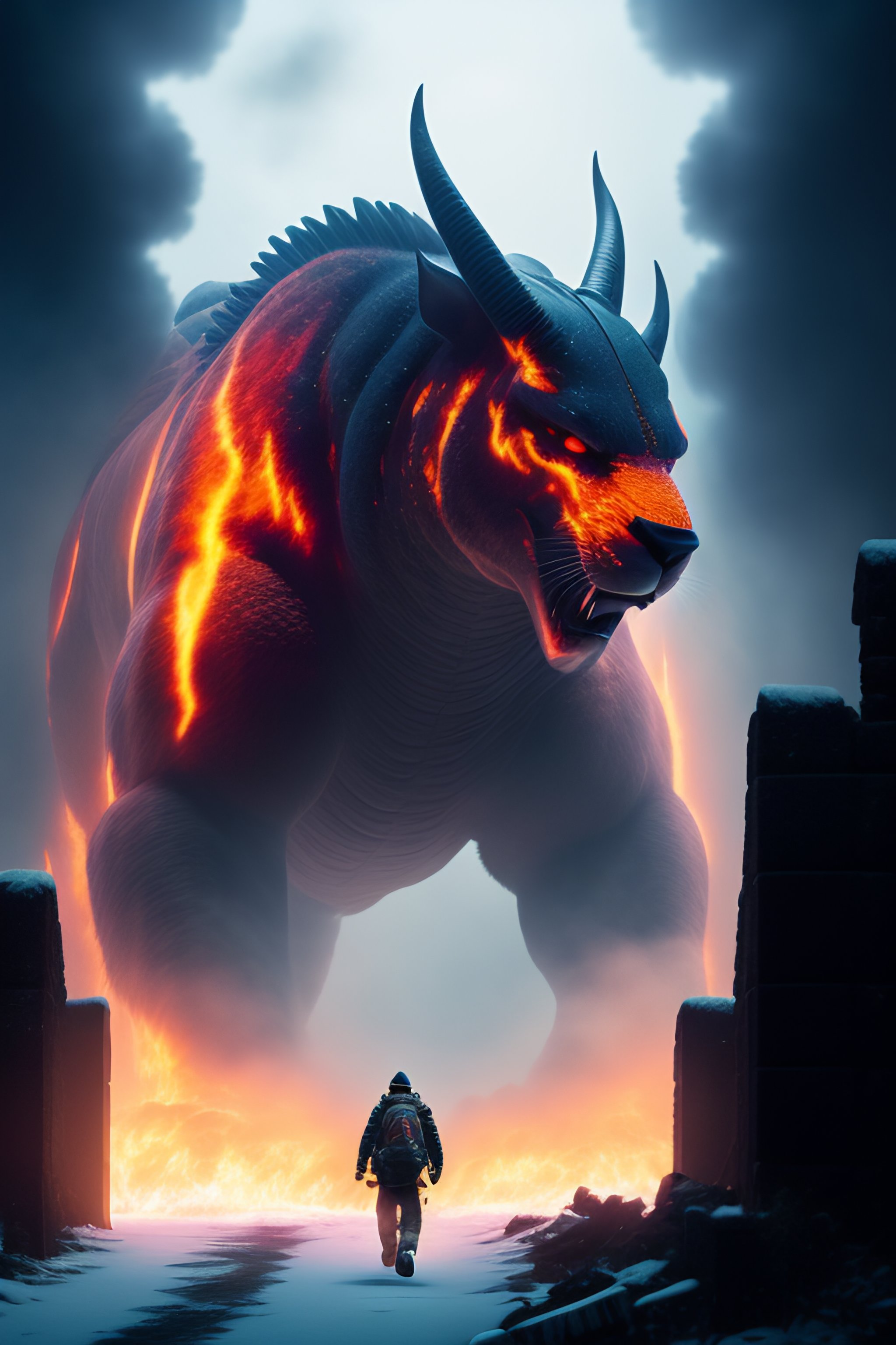 Lexica - A large fire beast chases a man who is trying to hide in some ...