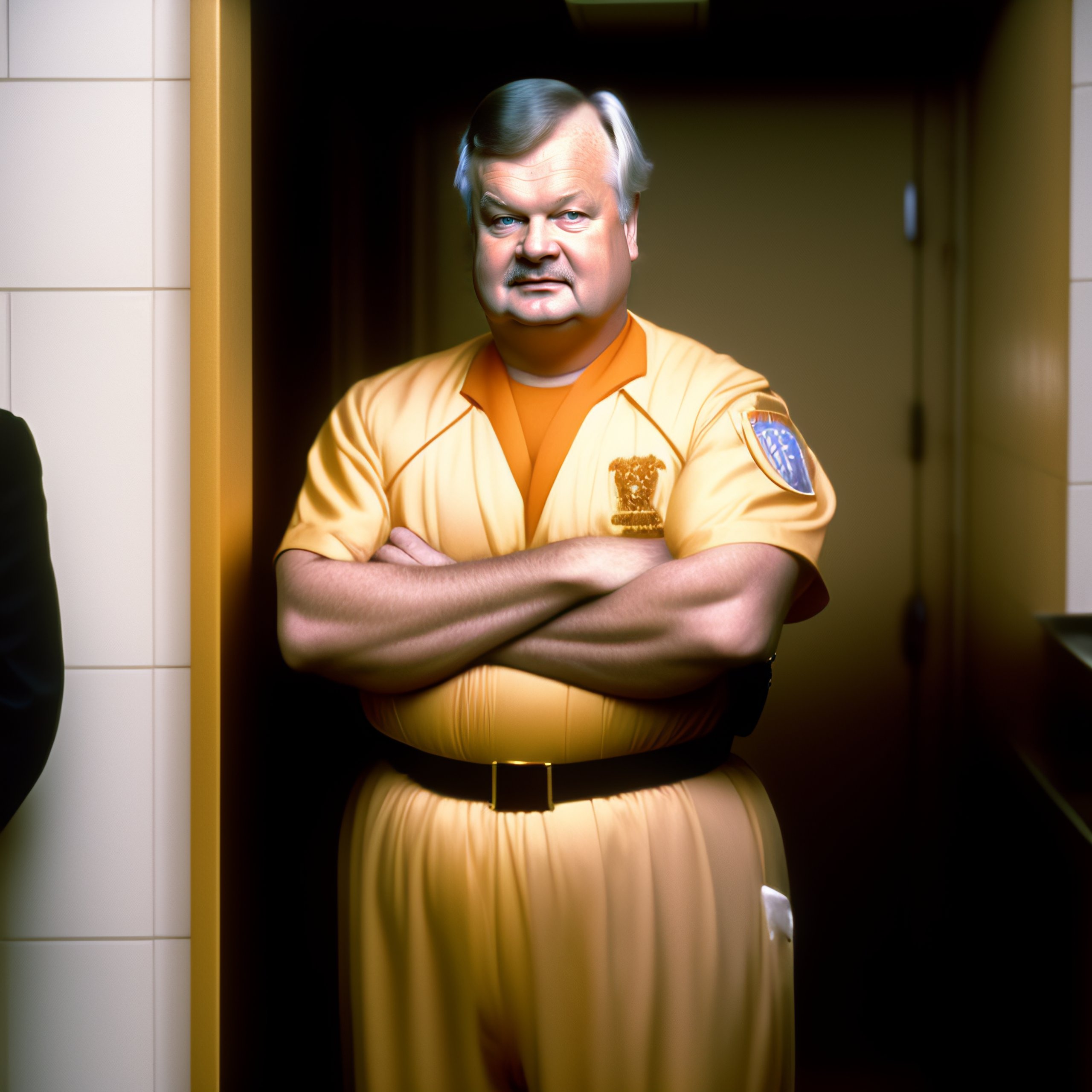 Lexica - Full body shot of benny hill as an inmate prisoner in jail, 2022