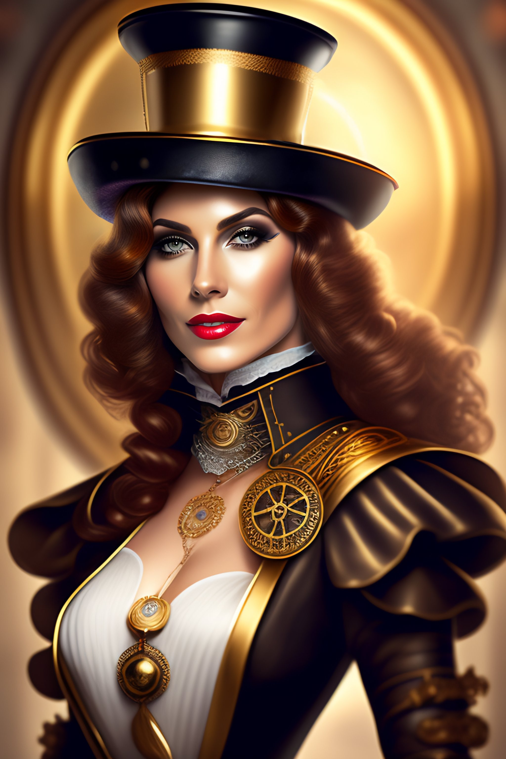 Lexica - A woman wearing clockwork steampunk outfit and tophat, gears ...