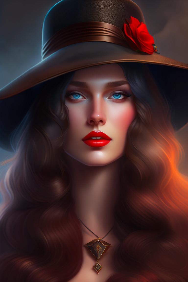 Lexica - Vamp woman, bright red lips, blue eyes, long curly hair, brown ...