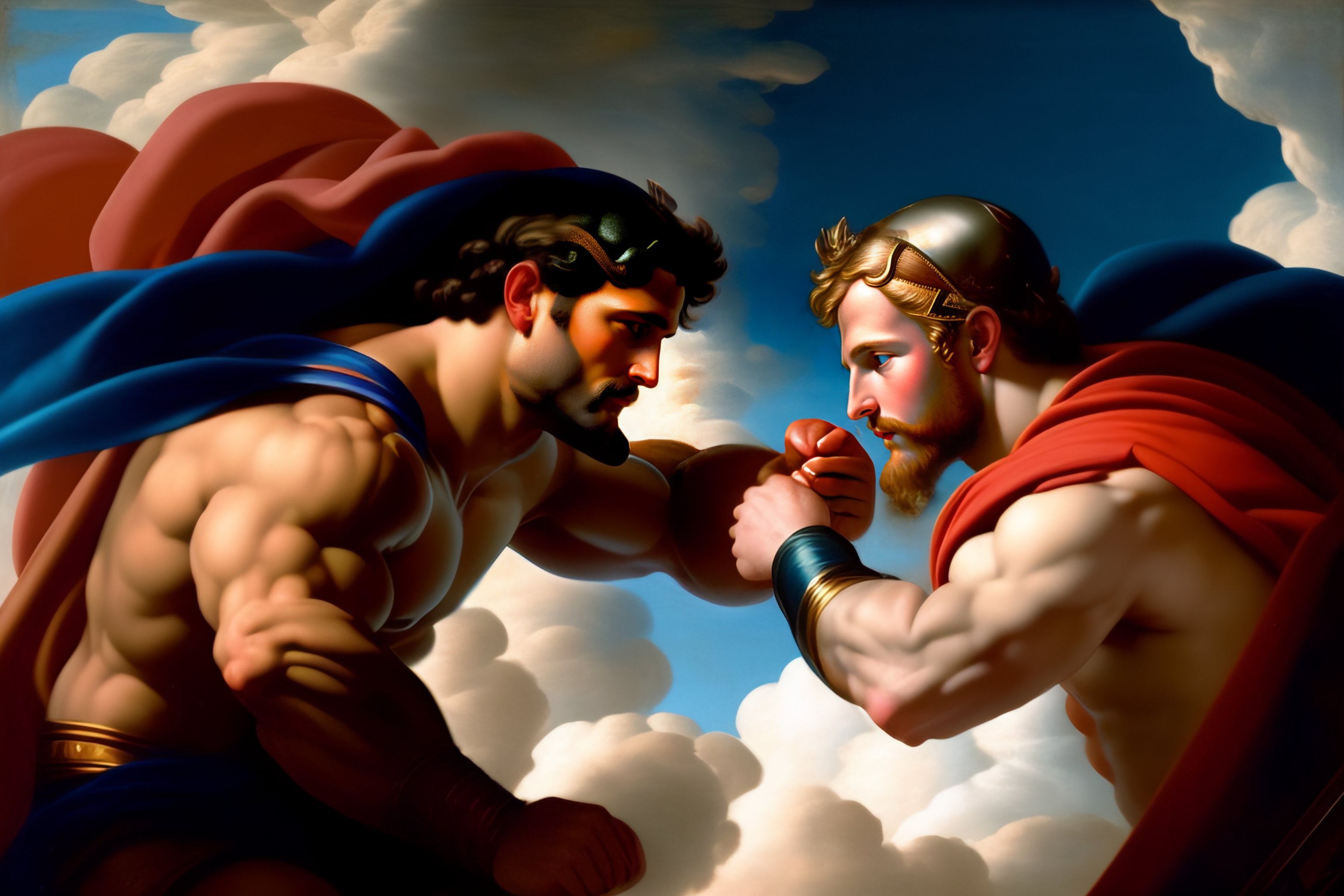 Lexica - Thor and batman touching fingers, fresco painting ...