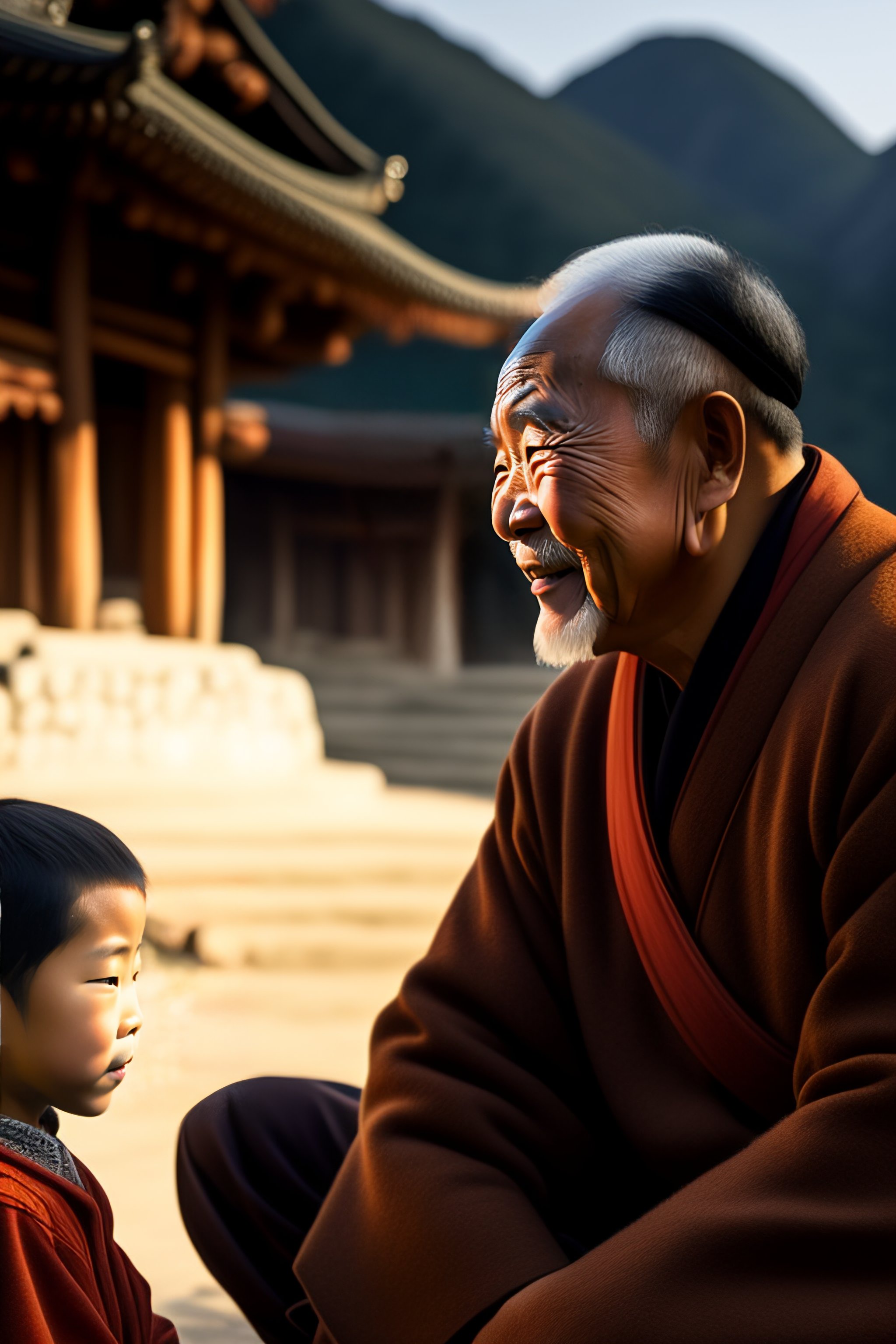 Lexica - Portrait of an old zen master smiling and chatting with young ...