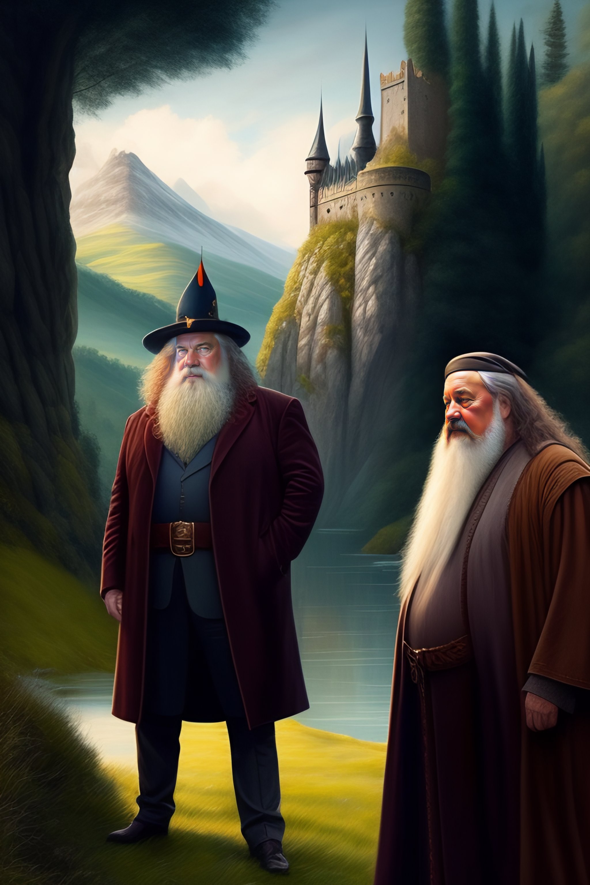 Lexica - Portrait illustration of dumbledore and hagrid : 2.0 | The Shire in the background: 0.4 ...