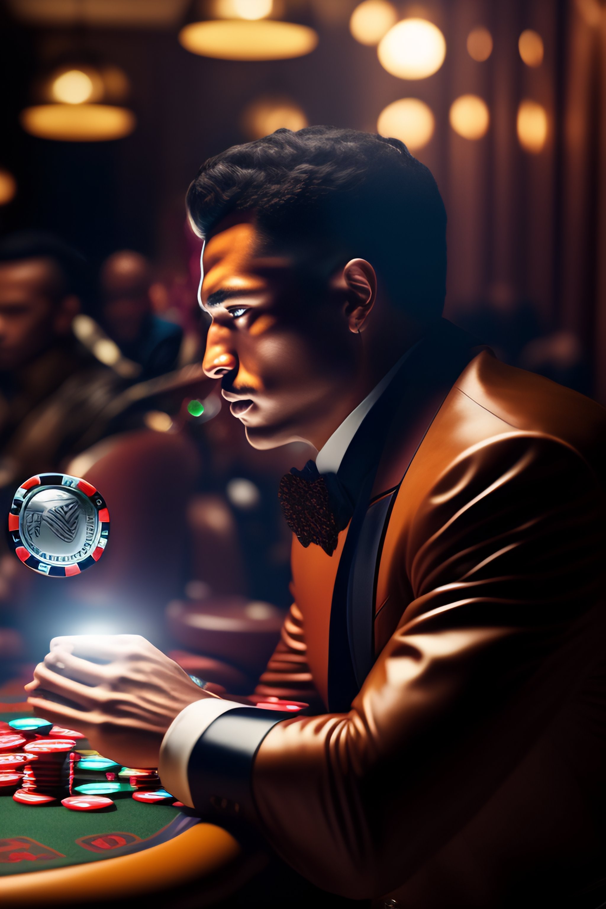 Lexica - Card dealer cyborg At a poker table frontview royalist style