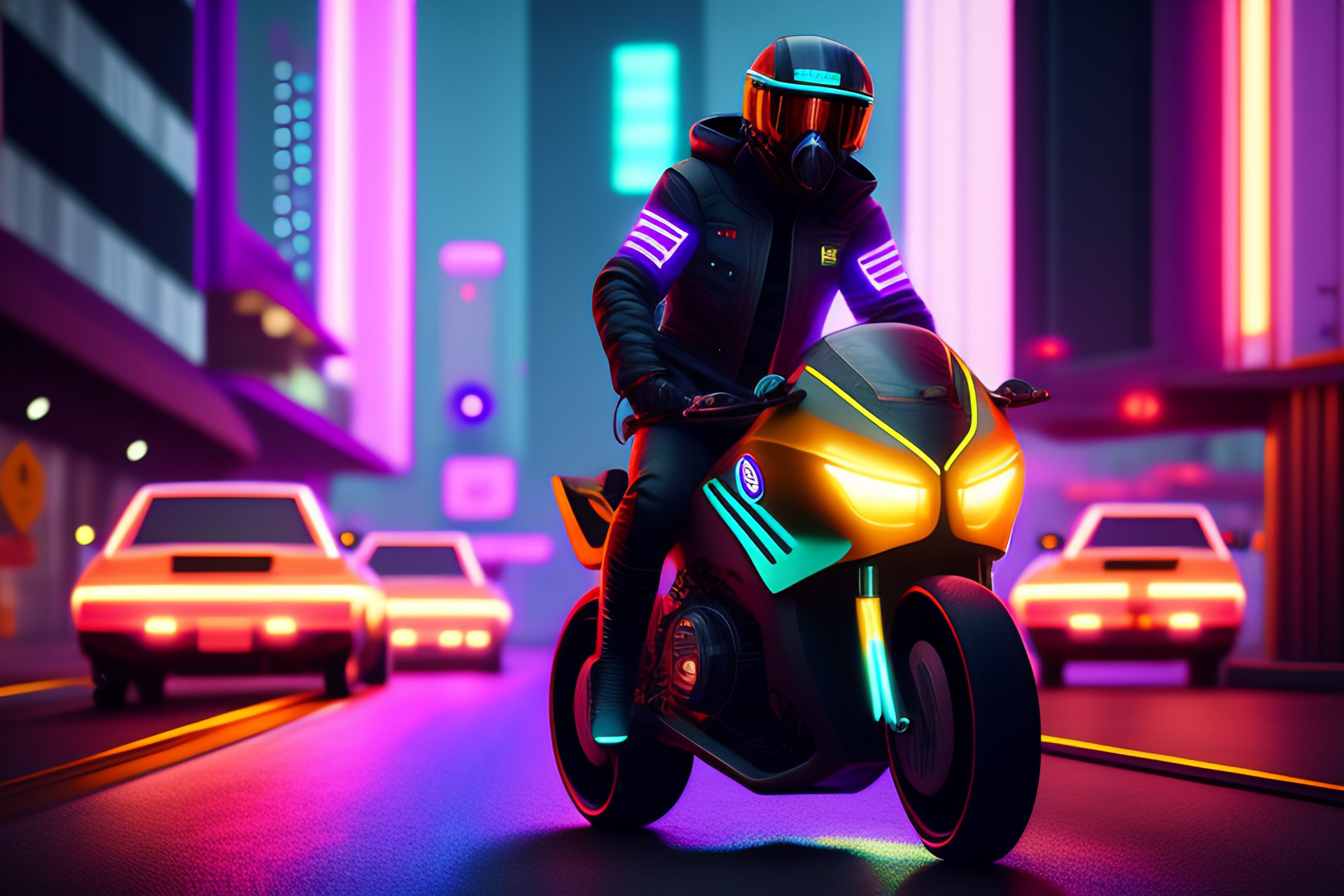 Lexica - Man wearing cyberpunk clothing on a BMW bike, ALIEN STYLE respirator, streets AND ...