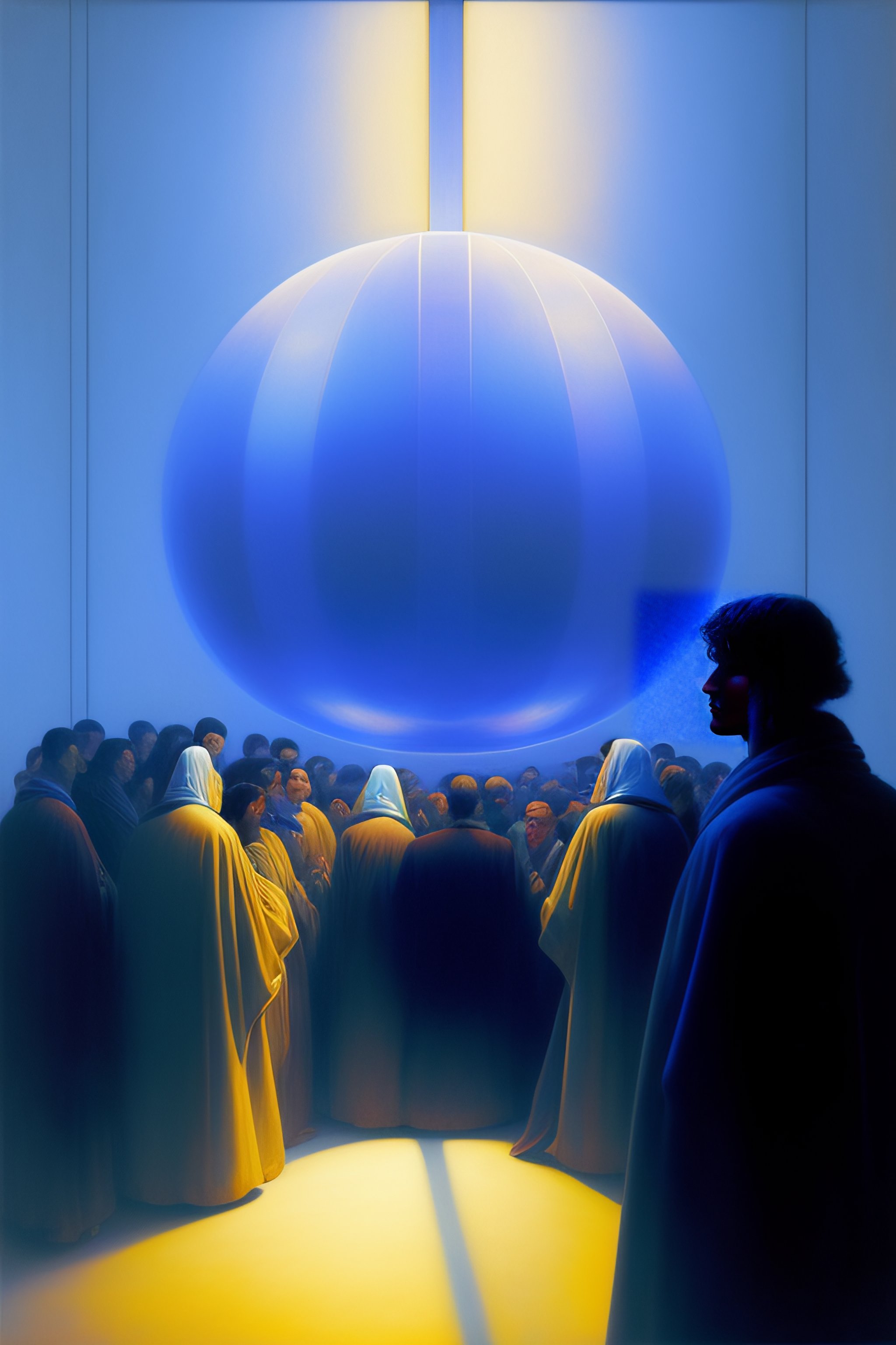 Lexica - Worshippers in robes huddled around a very complex gigantic ...