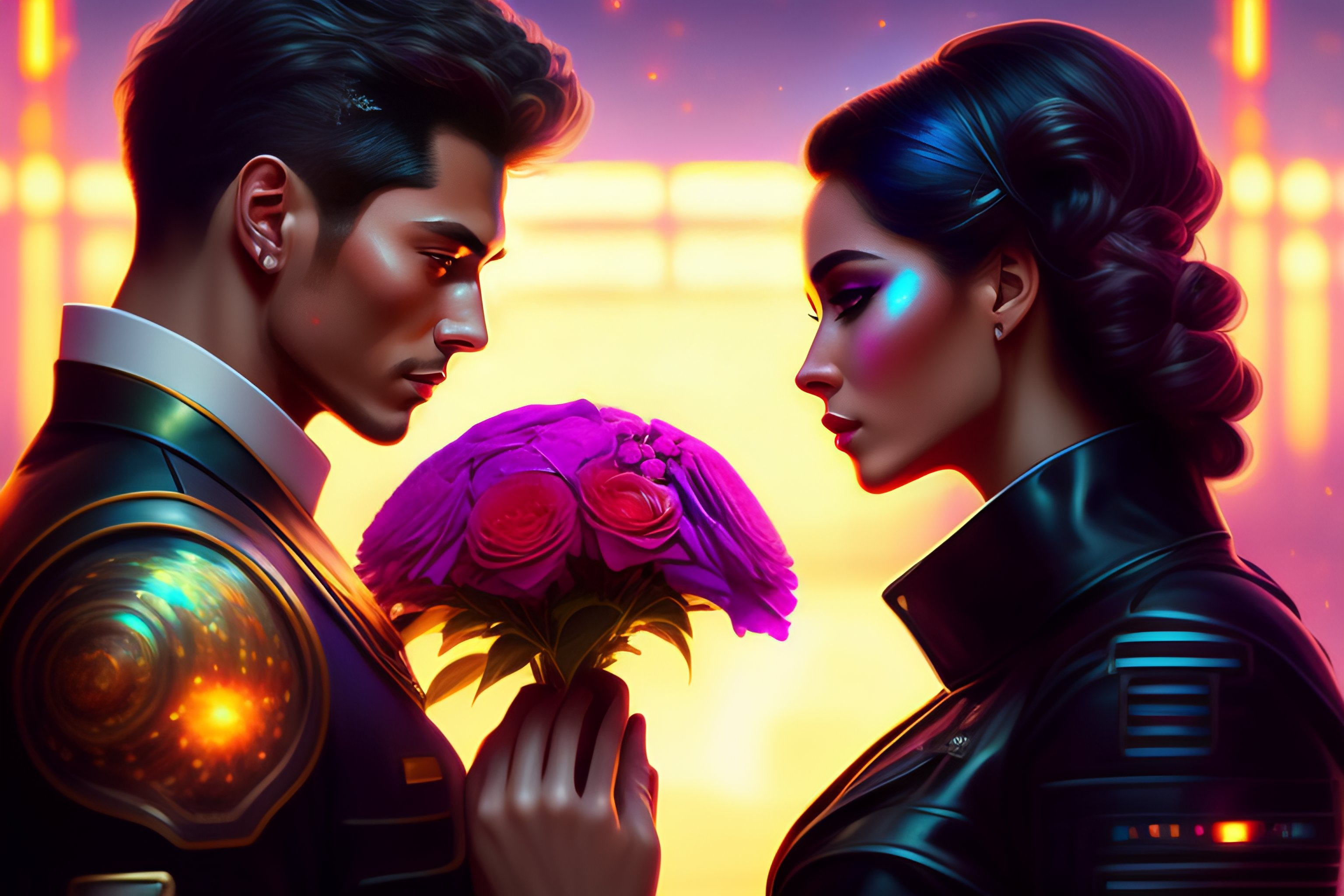 Lexica - An android man gives a bouquet of flowers to a beautiful human ...