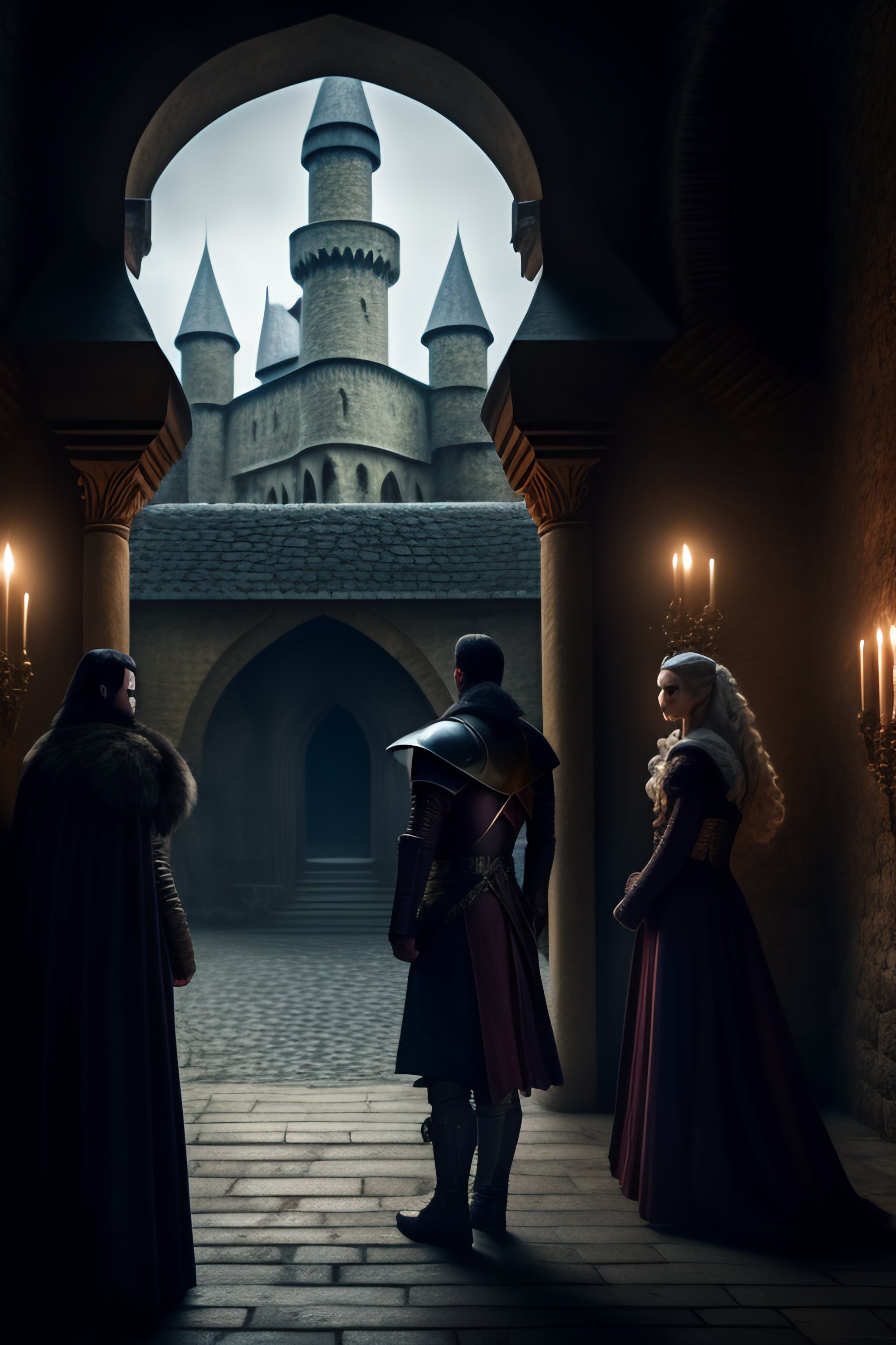 Lexica - Game of thrones characters in a castle, gloomy, dark, shadows ...