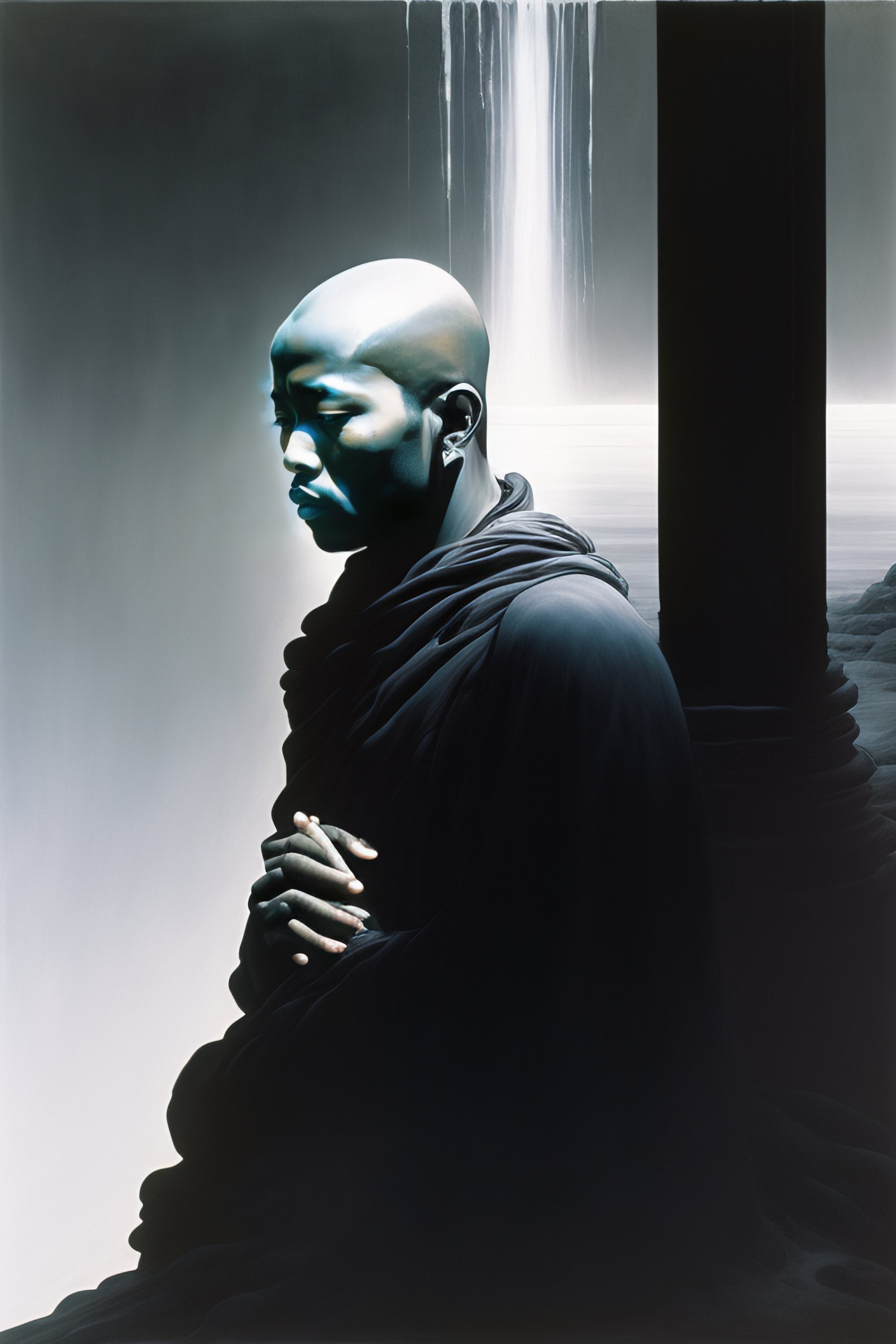 Lexica - A monk god meditating in a empty void, black and white, high ...
