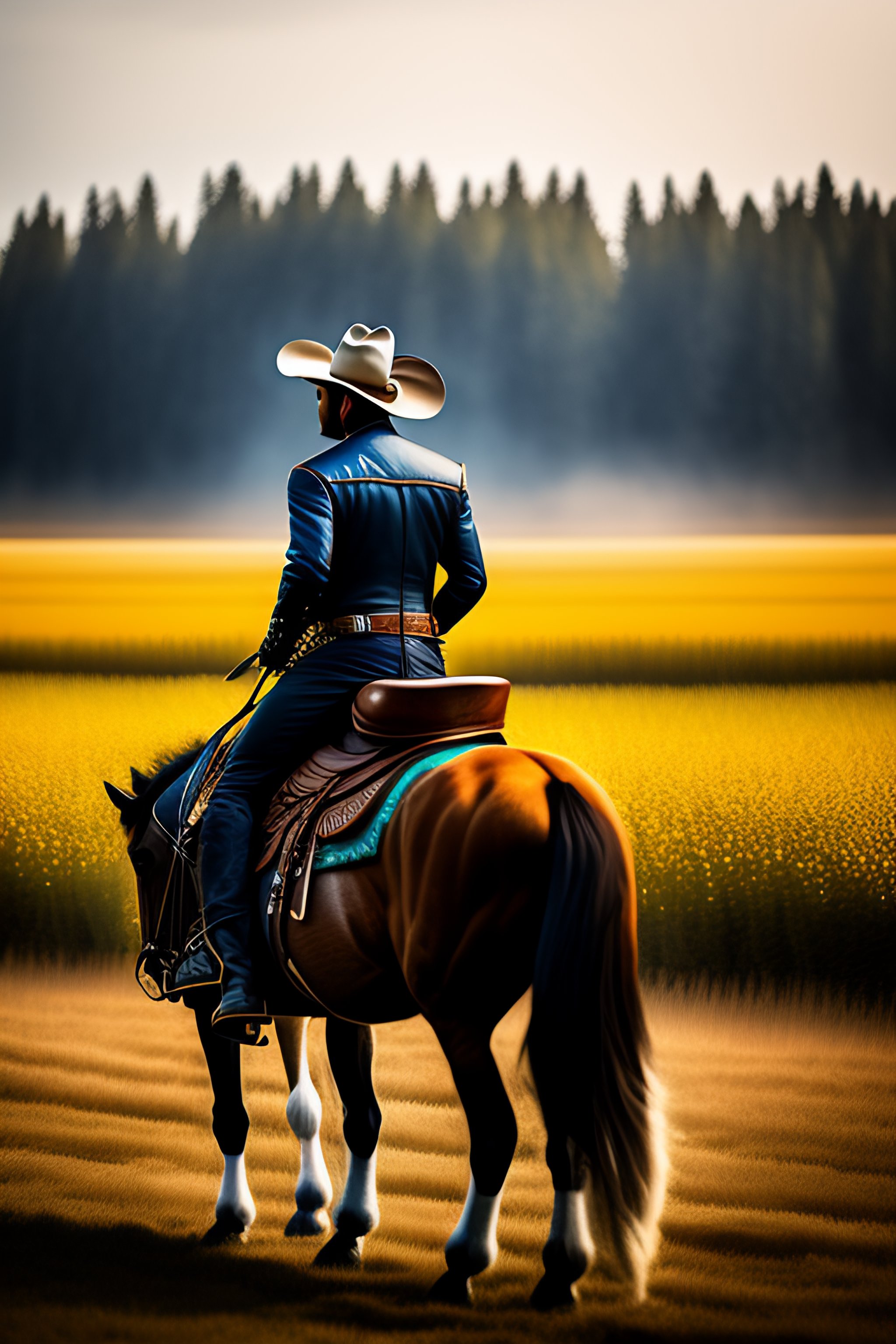 Lexica - Photograph of a cowboy riding a unicorn in a field of stars