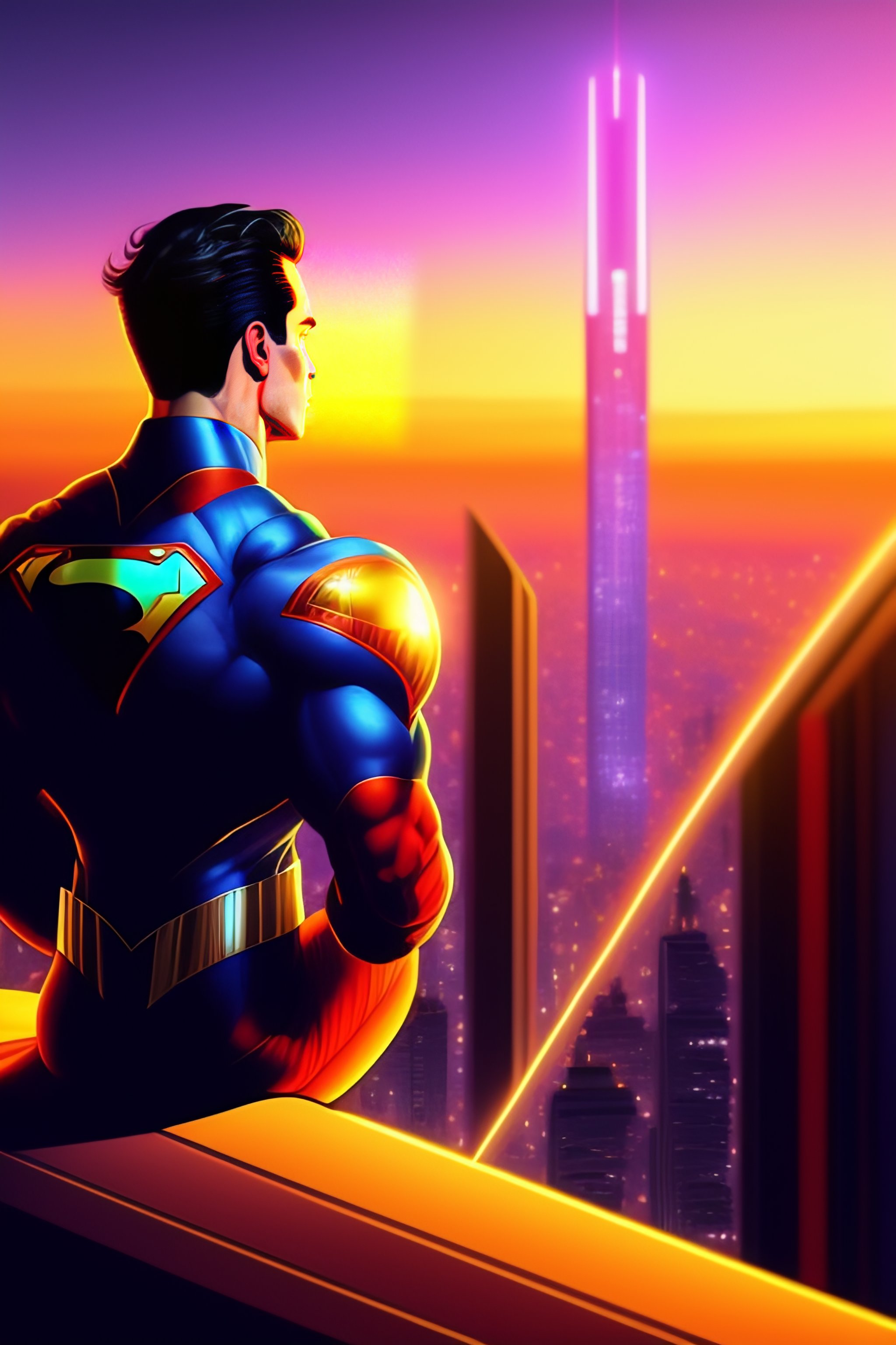 Lexica - A futuristic superman sitting on a roof looking down at a neon ...