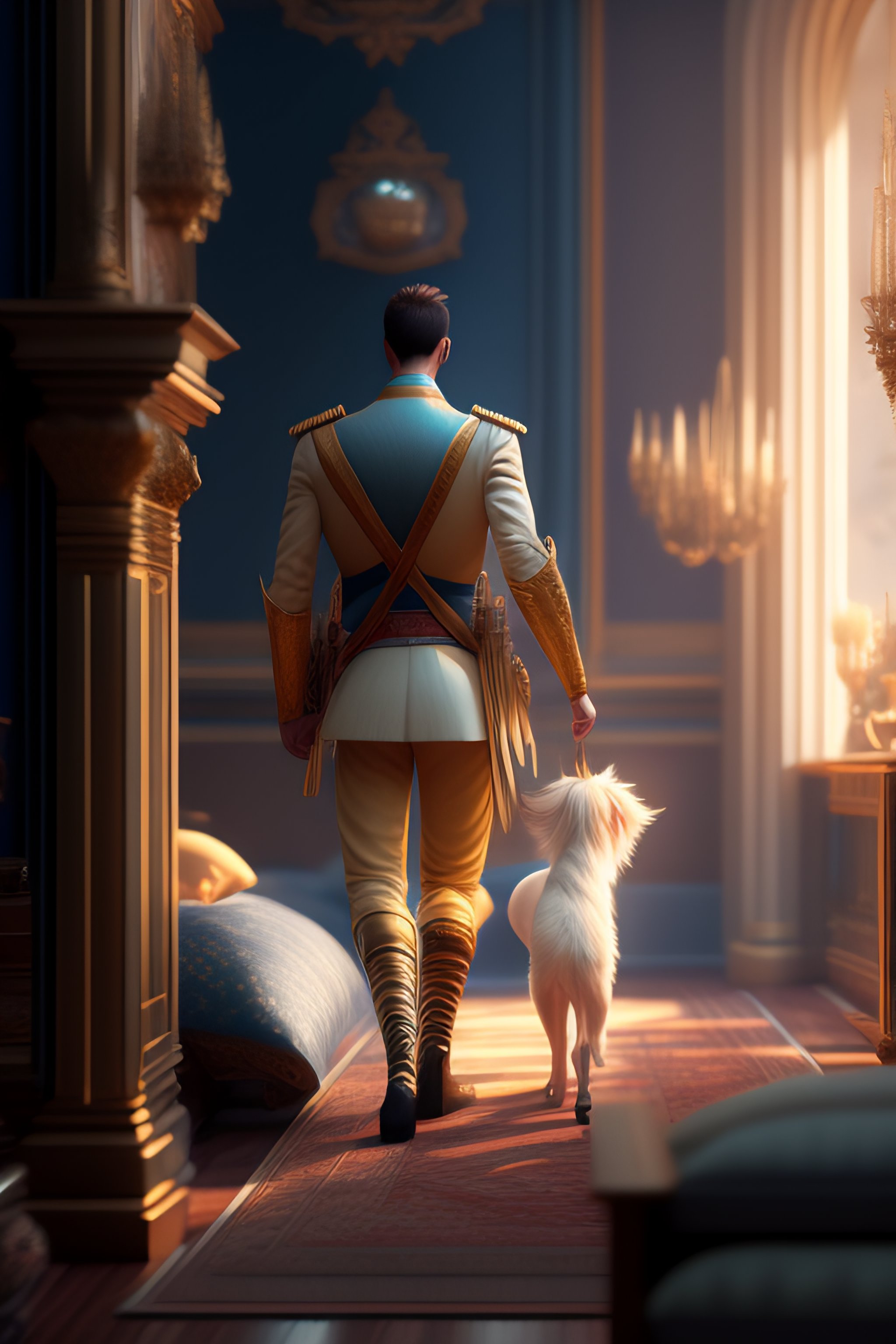 Lexica - Blonde three-legged prince walking in fantasy bedroom, full ...