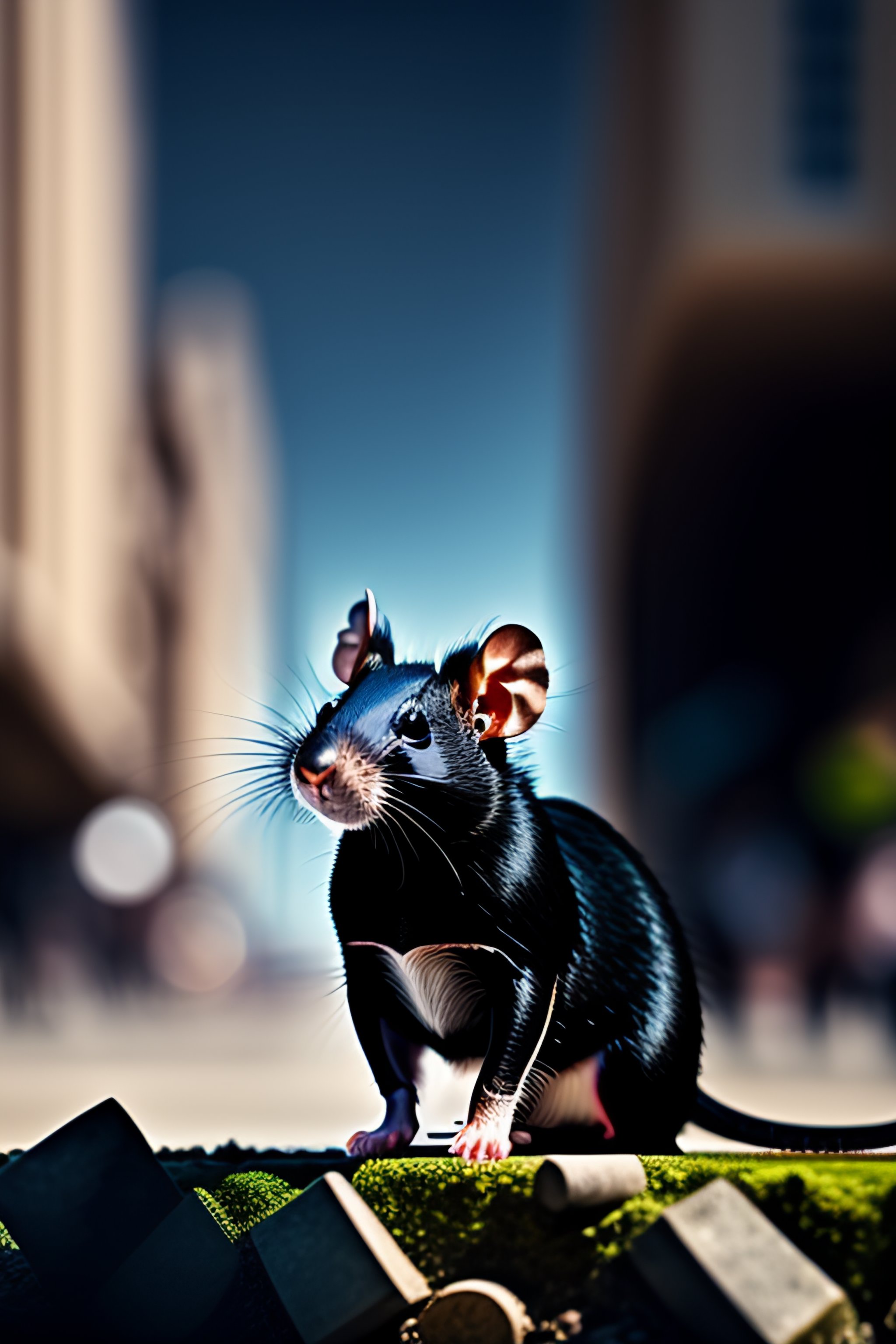 Lexica - A clothed black rat in front of a destroyed city