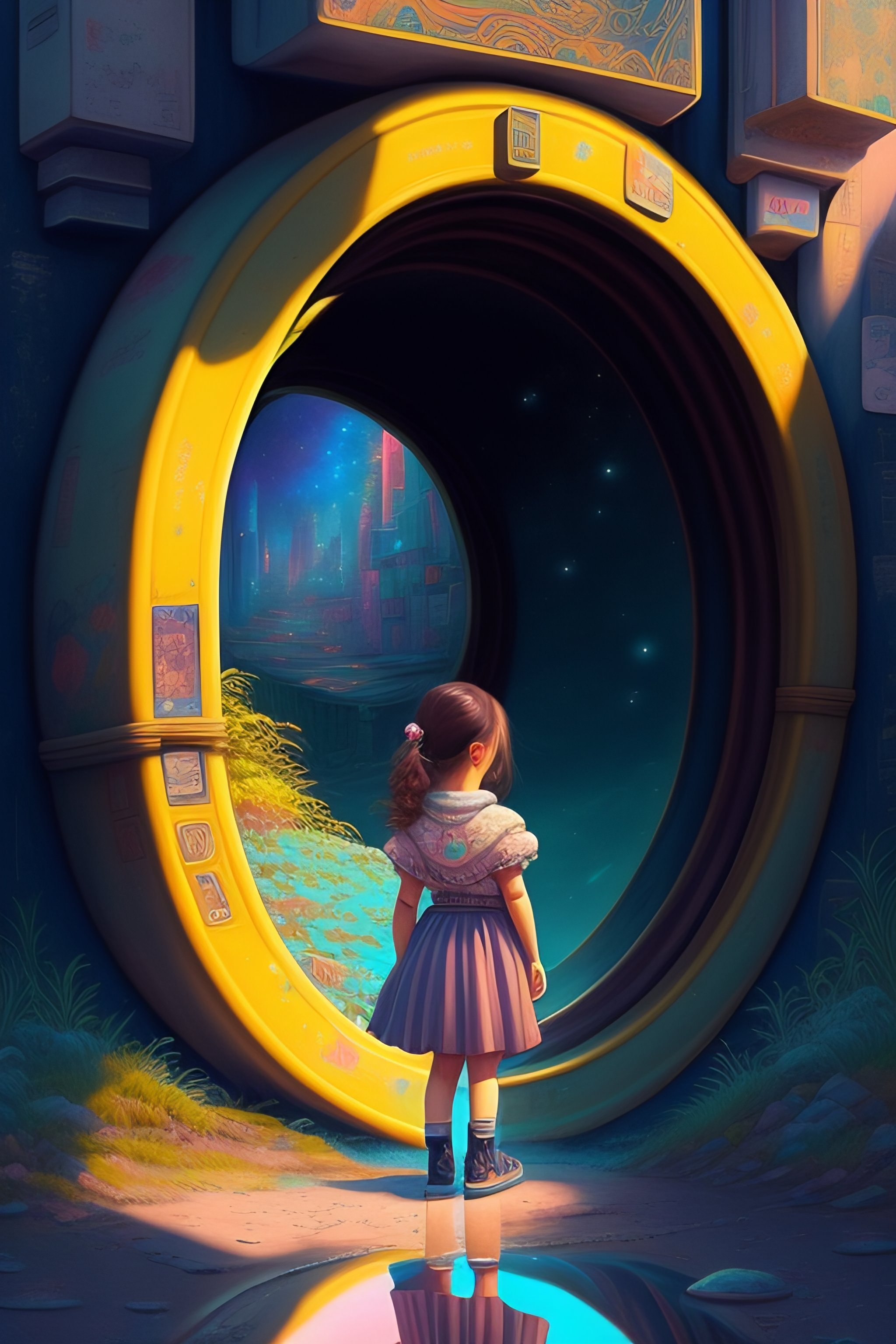 Lexica - A little girl on a dilapidated sidewalk looking through a ...
