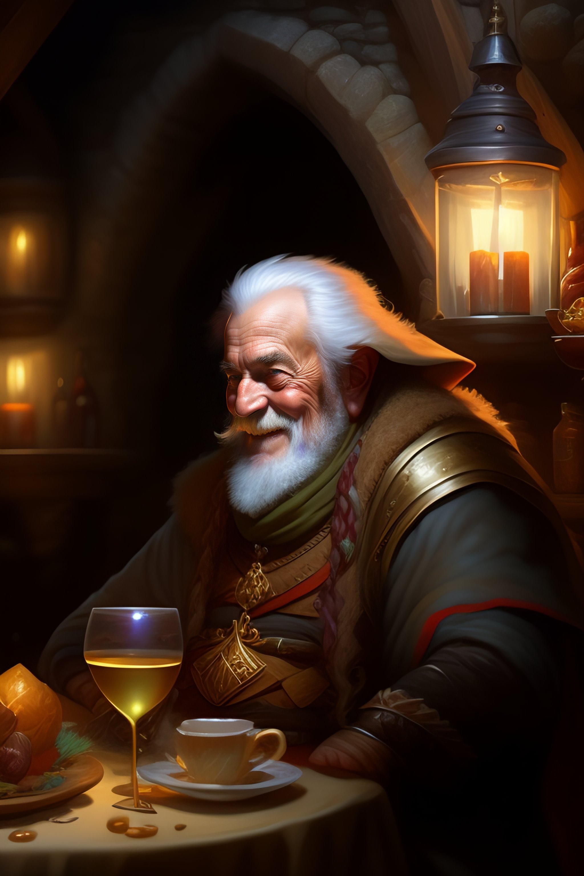 Lexica - An old wise and happy wizard sitting at a table in a medieval ...
