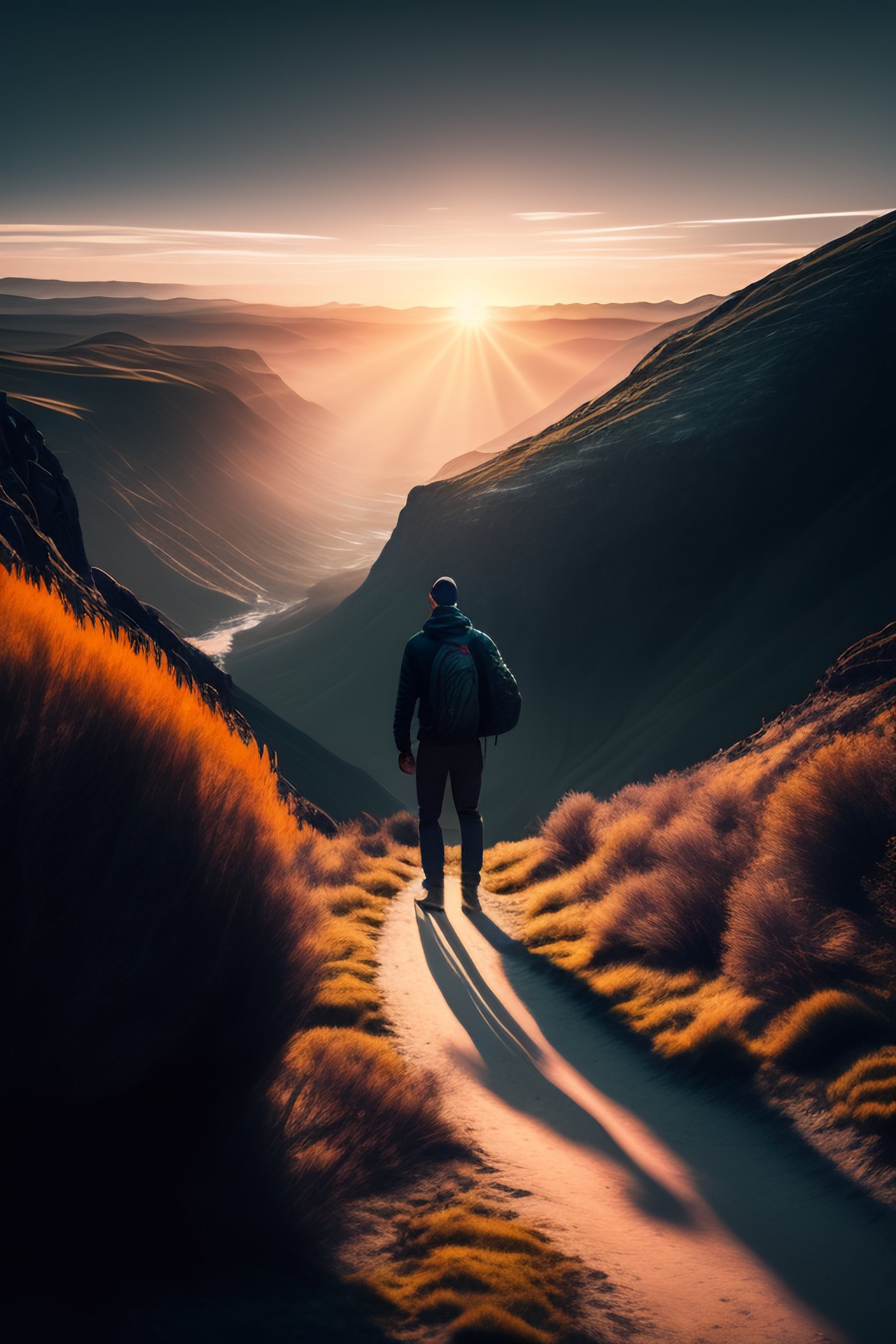 Lexica - Image of a man standing at the base of a dark valley with the ...
