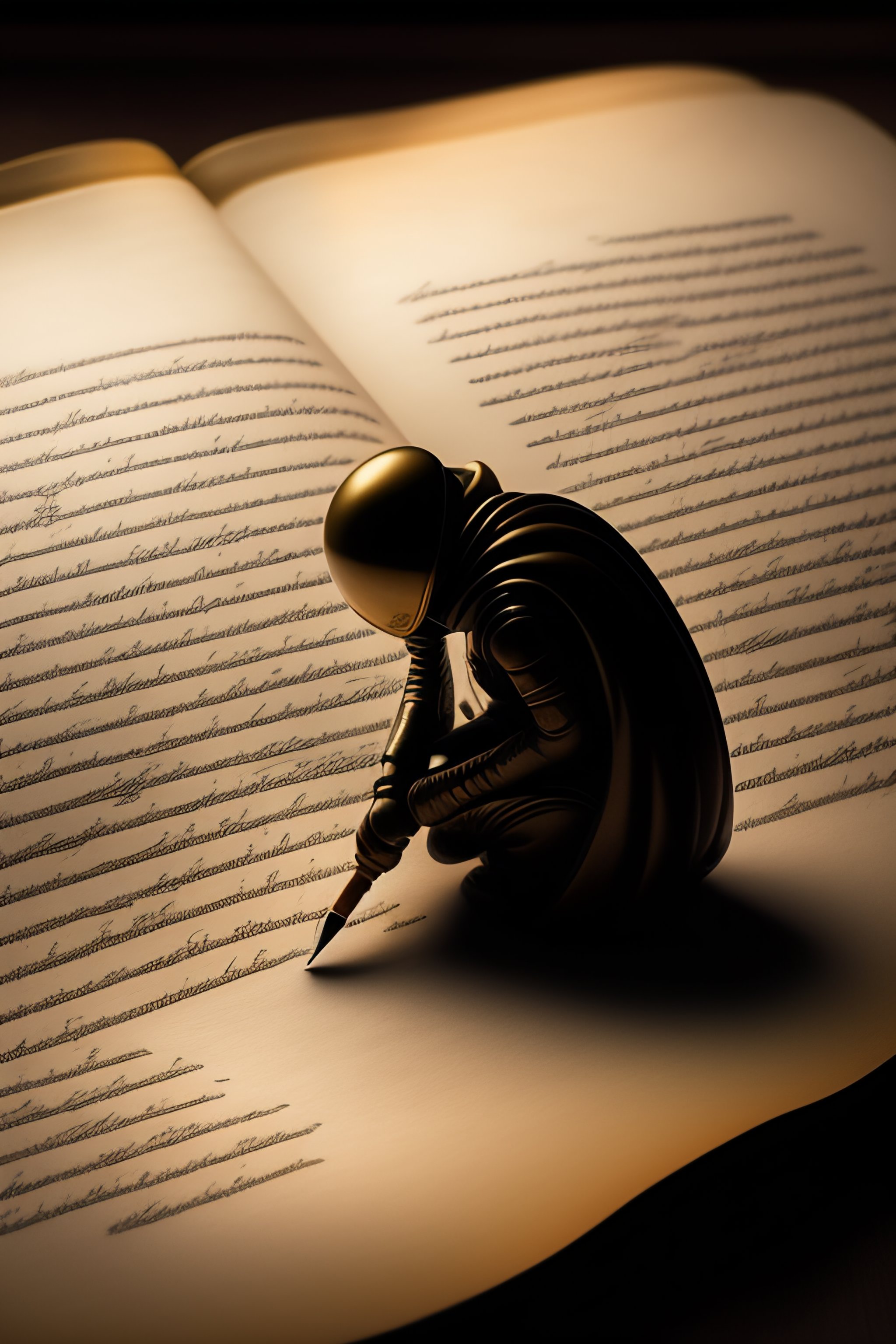 Lexica - A sad humanoid alien writing on a piece of parchment