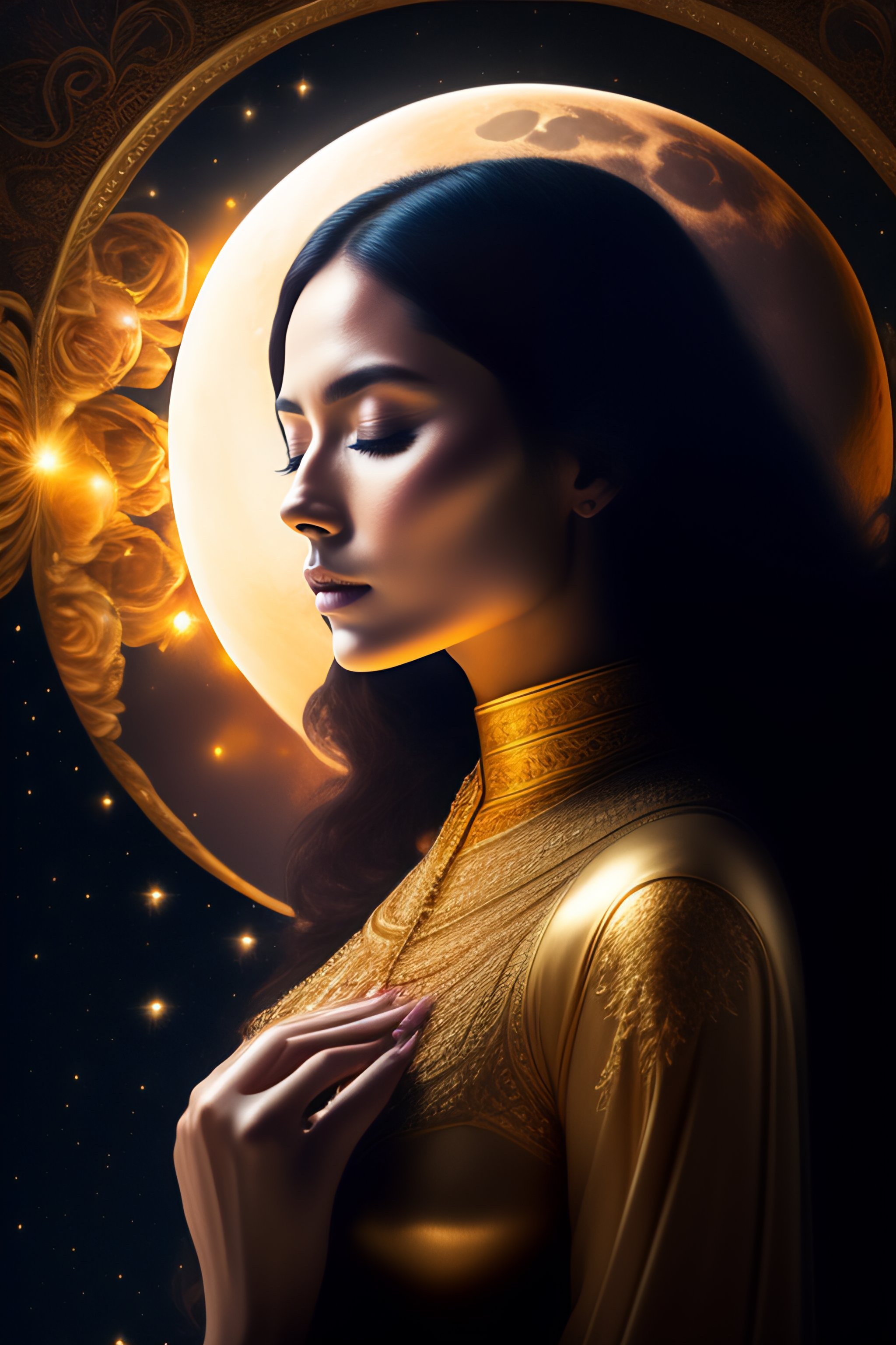 Lexica - Woman with tunic, eyes closed asks for silence in the moon and ...