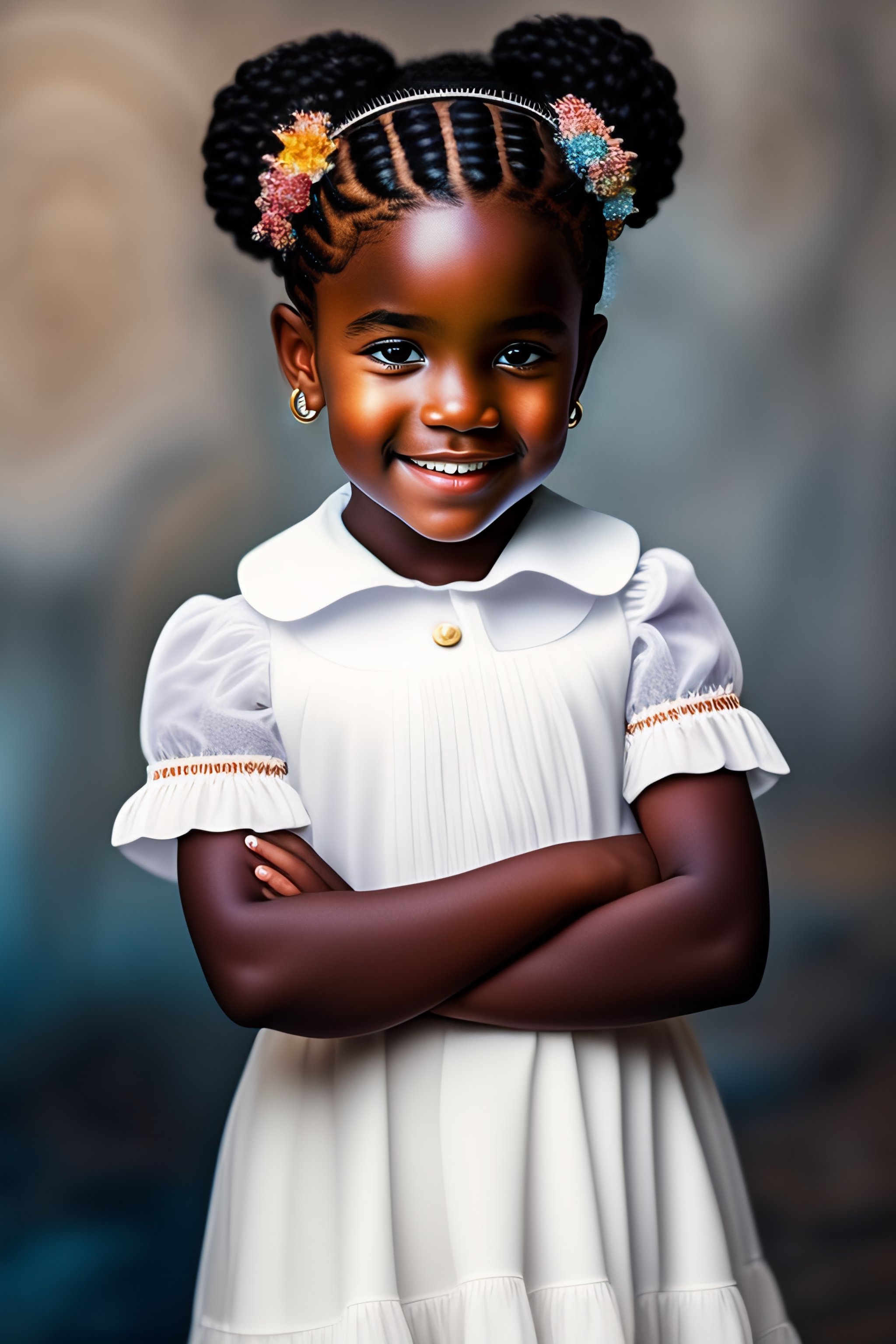 Lexica - Young ,dark skin, child, [[[white dress]]], tiny braids ...