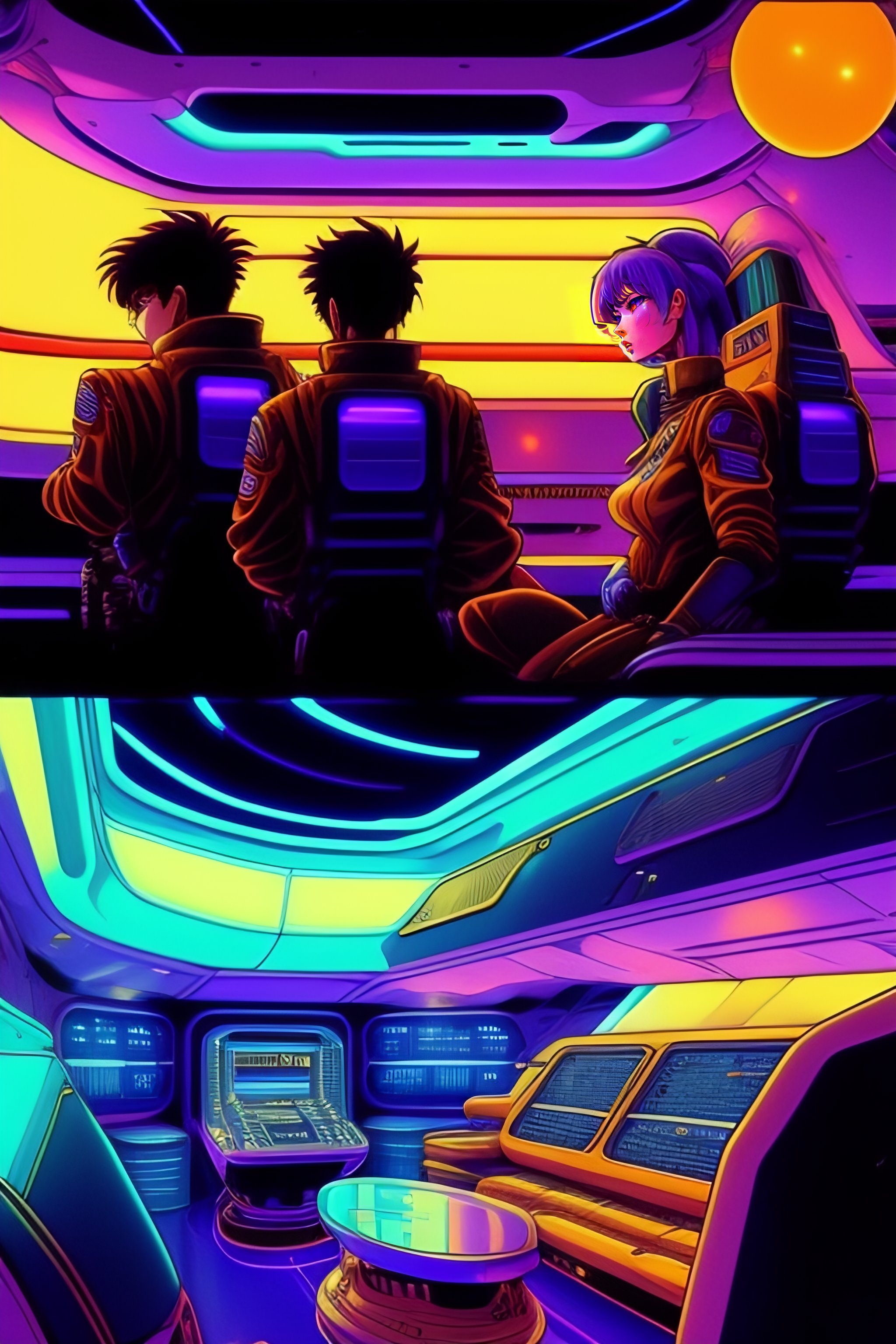 Lexica - Vintage 90's anime style. cluttered starship interior; crew ...