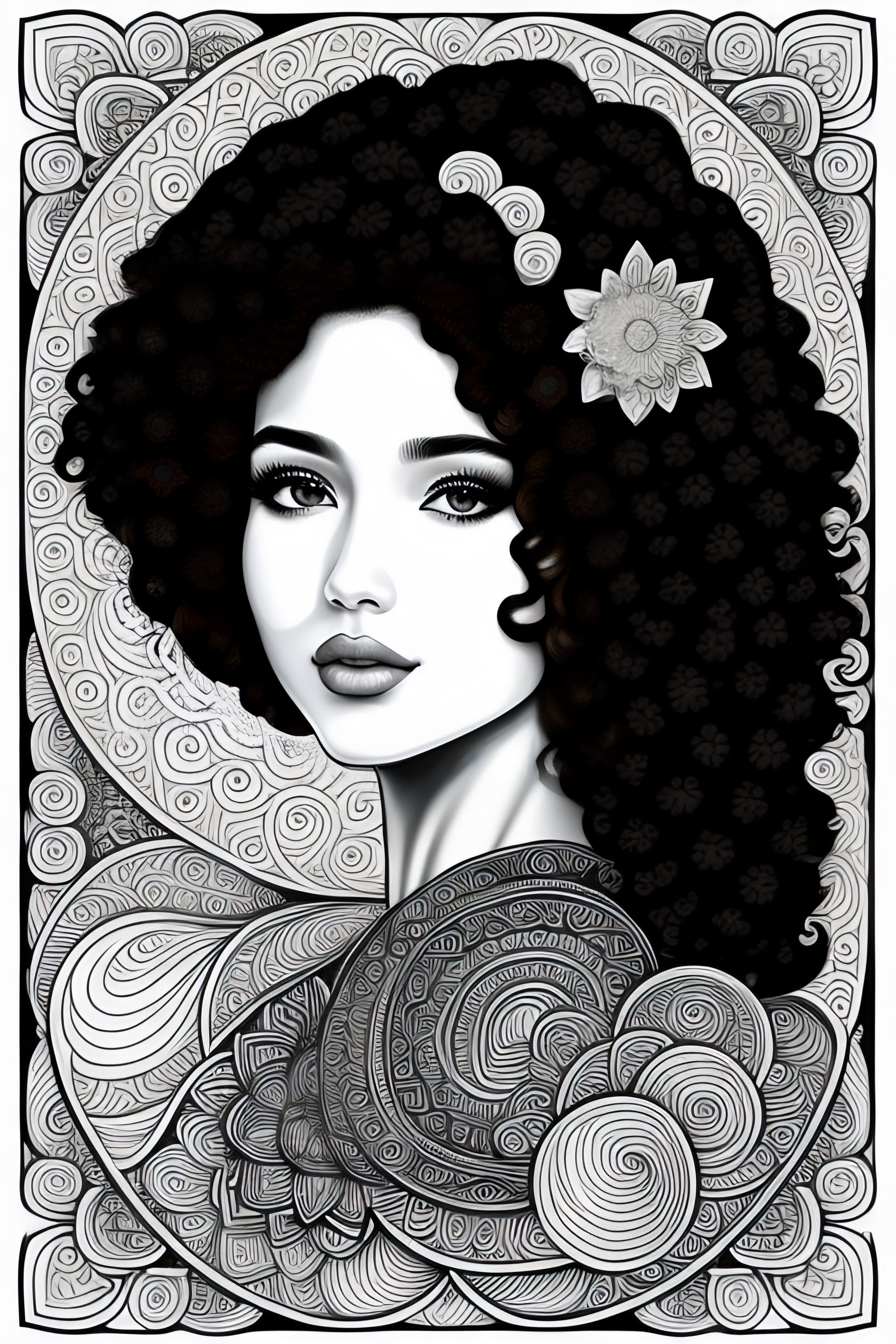 Lexica - A coloring book image mandala style of a curly hair girl with ...