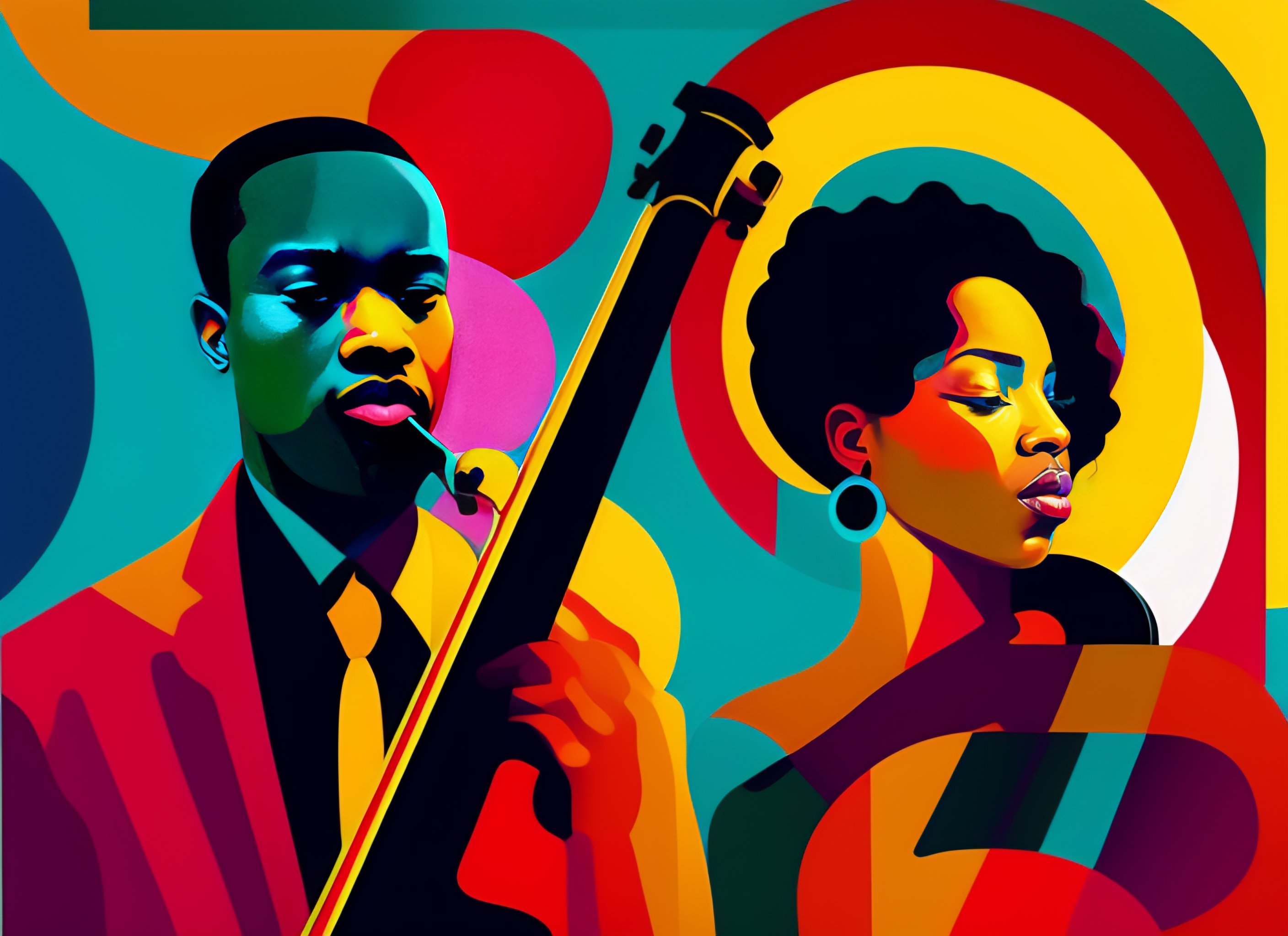 Lexica - 4 jazz musicians, playing with instruments, abstract art in ...